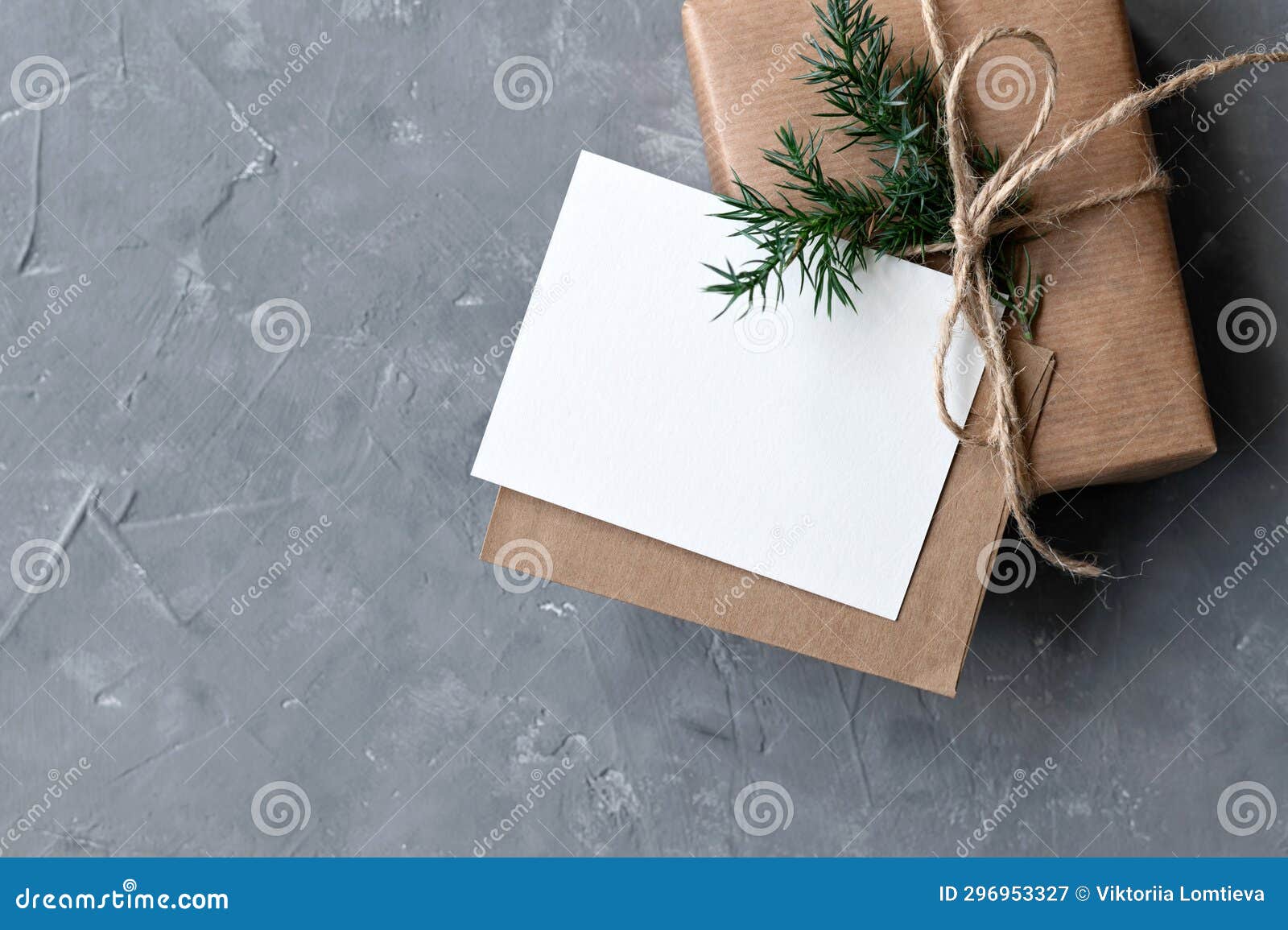 Christmas Gift Box with Empty Paper Card and Envelope on Neutral Gray ...