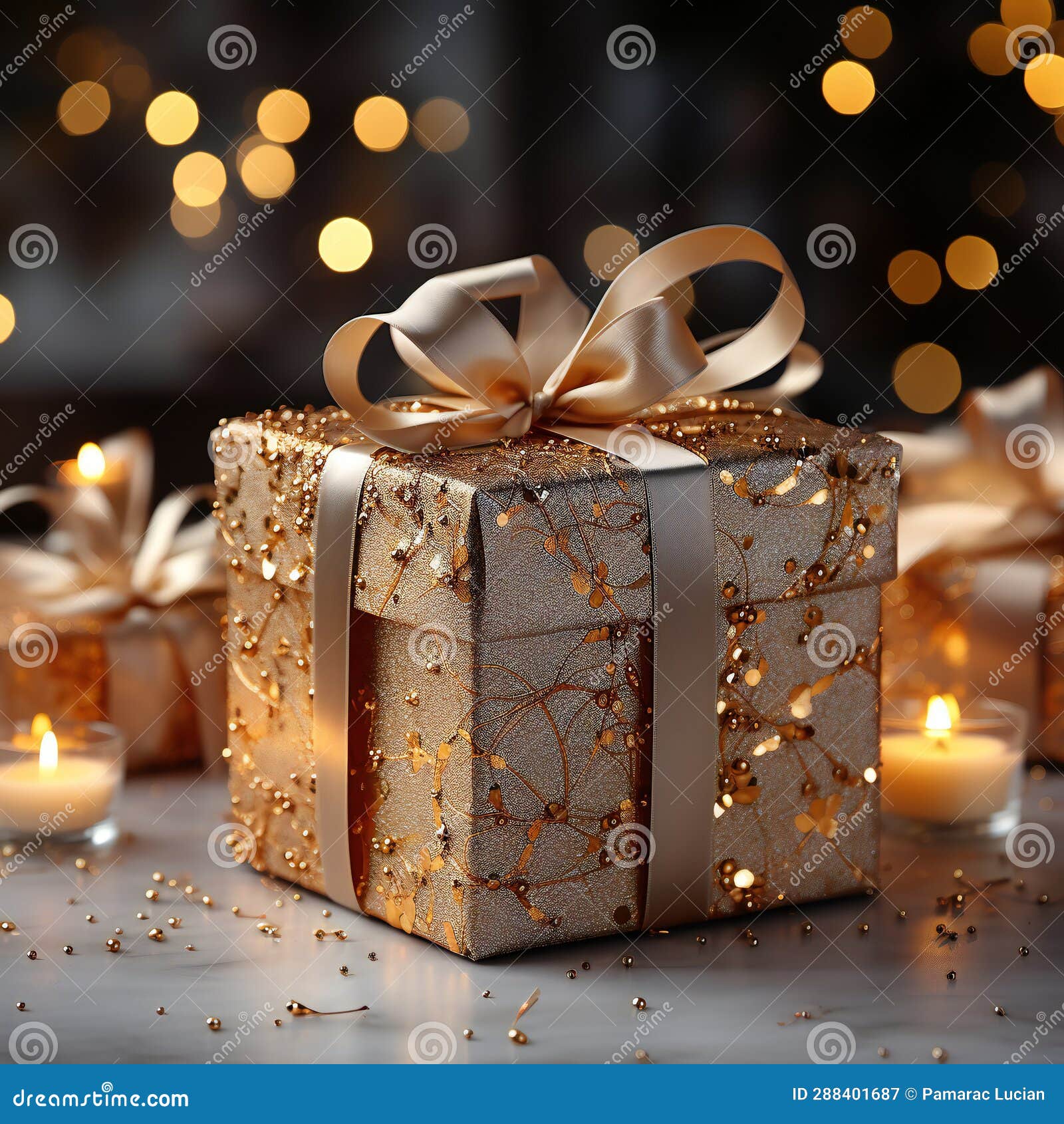 Christmas Gift Box with Golden Bow and Burning Candles. 3d Rendering ...