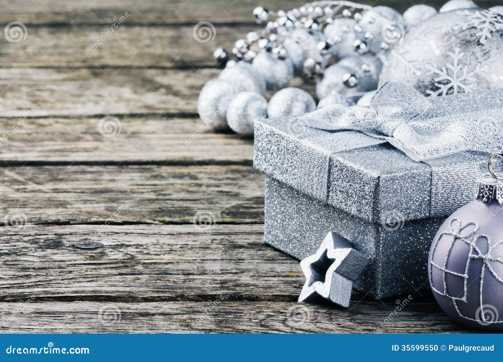 Christmas Gift Box and Ornaments in Silver Tone Stock Photo - Image of ...