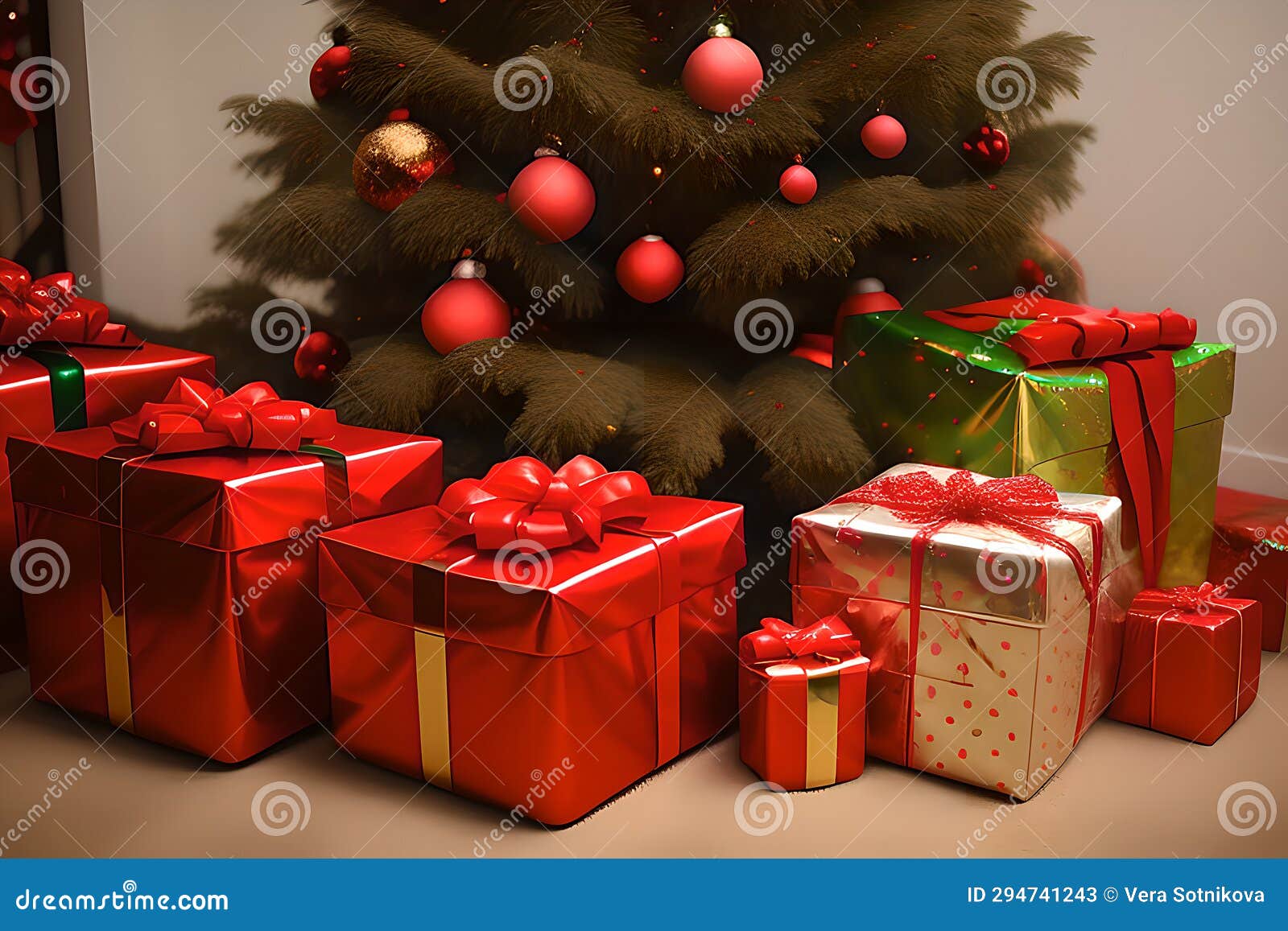 Christmas Gift Box Under the Tree. Multicolored Gift Boxes. Merry ...