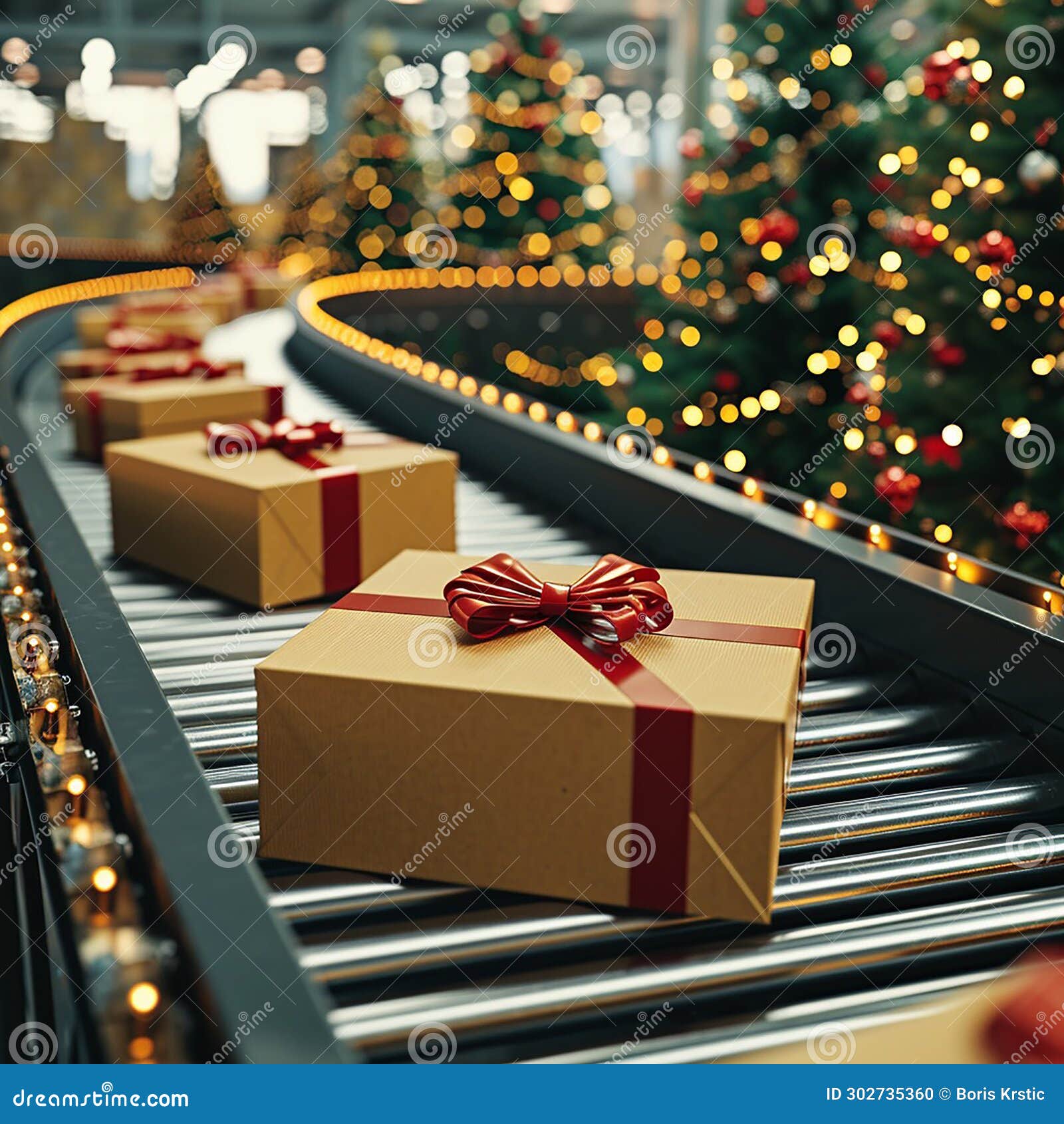 Christmas Gift Boxes on Conveyor Belt in Warehouse Closeup Stock ...