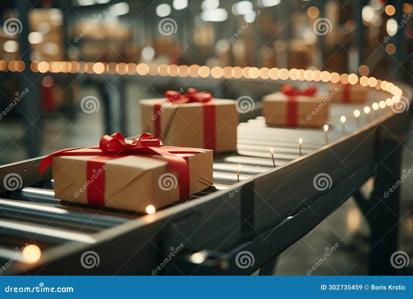 Christmas Gift Boxes on Conveyor Belt in Warehouse Closeup Stock ...