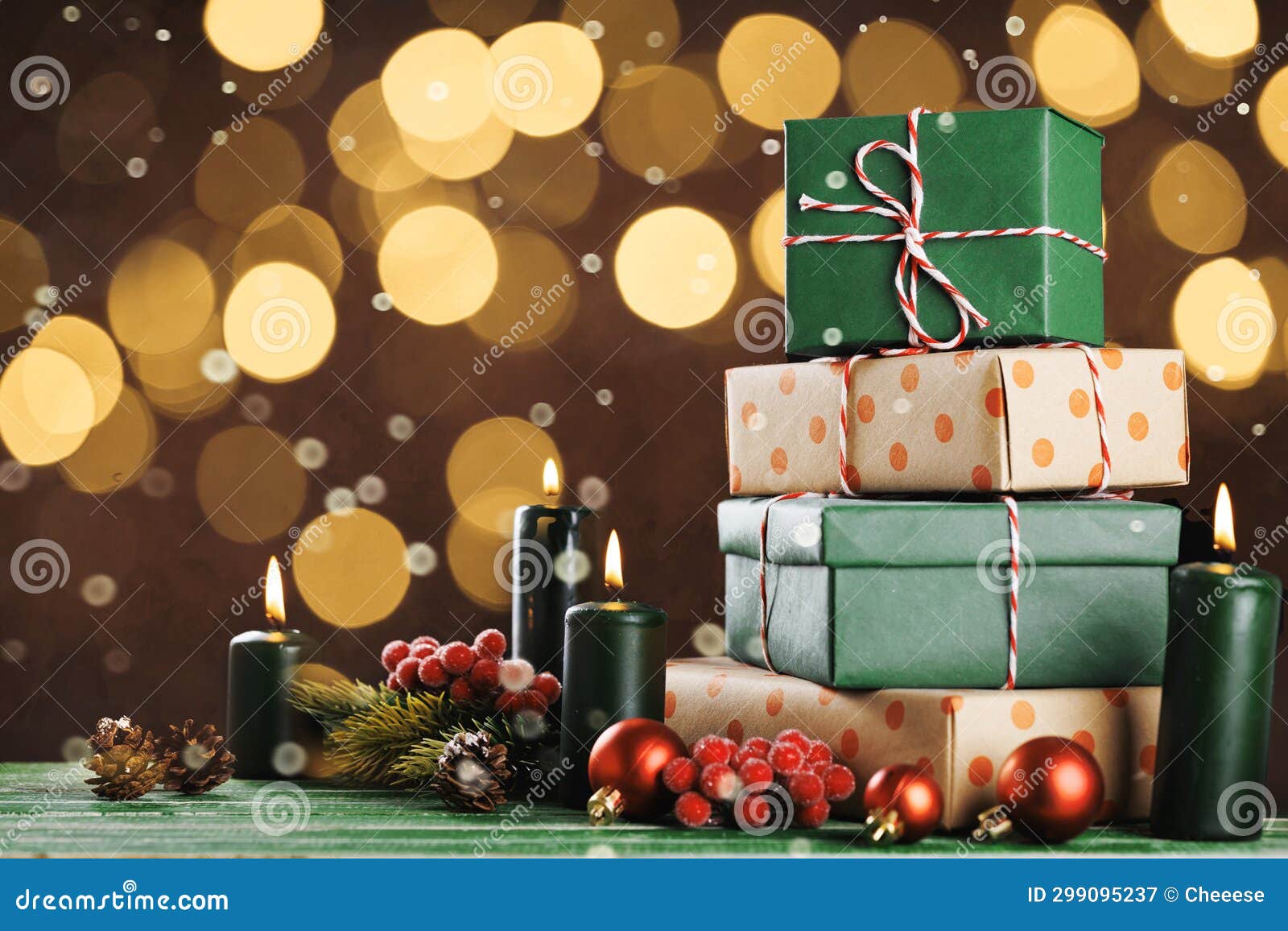Christmas Gift Boxes with Decoration on the Table Stock Image - Image ...