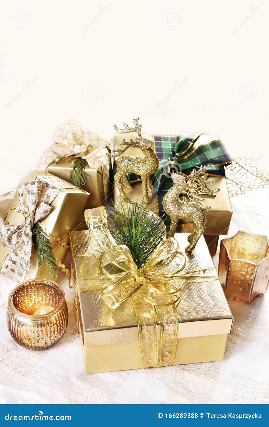 Christmas Gift Boxes in Gold and White Colors Stock Photo - Image of ...