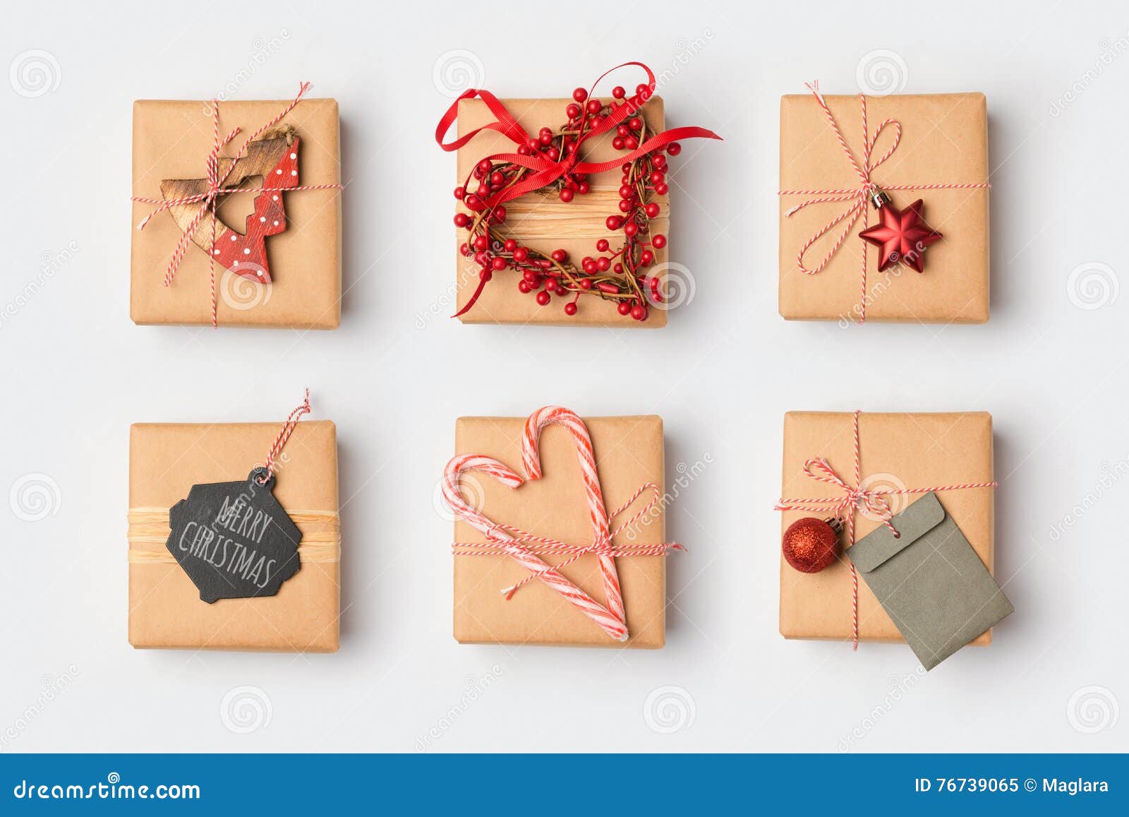 Christmas Gift Boxes with Homemade Wrapping Ideas.View from Above Stock ...