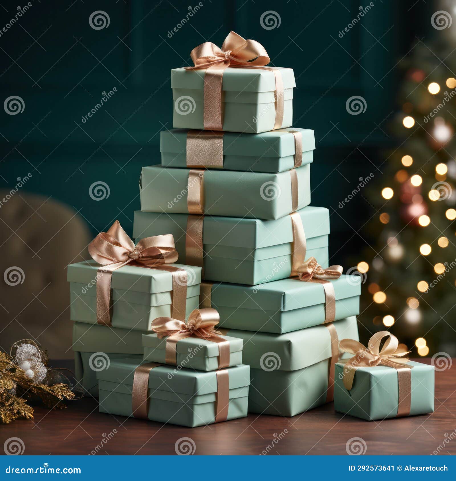 Christmas Gift Boxes Mint Color with Ribbon on Dark Background Stock ...