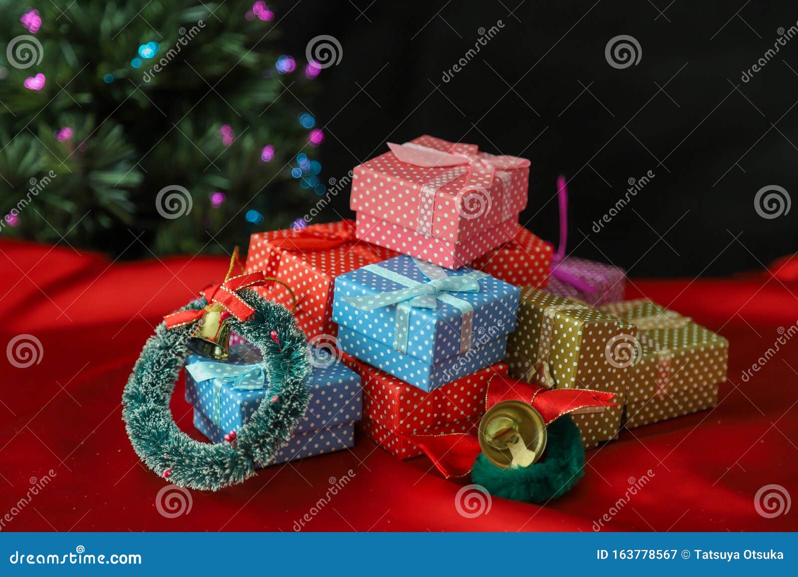 Christmas Gift Boxes on the Red Cloth Stock Image - Image of case ...