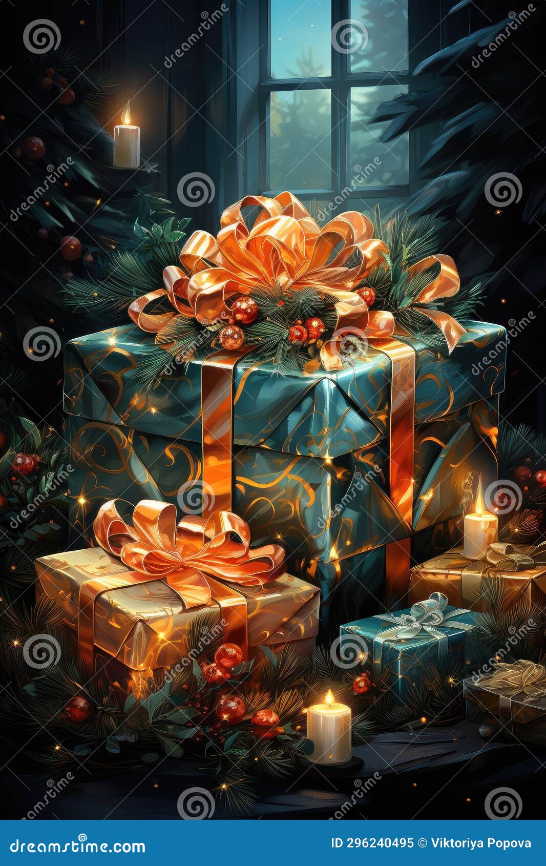 Christmas Gift Boxes Surrounded by Christmas Tree Branches, Candles ... Christmas Gift Boxes Surrounded by Christmas Tree Branches, Candles ...