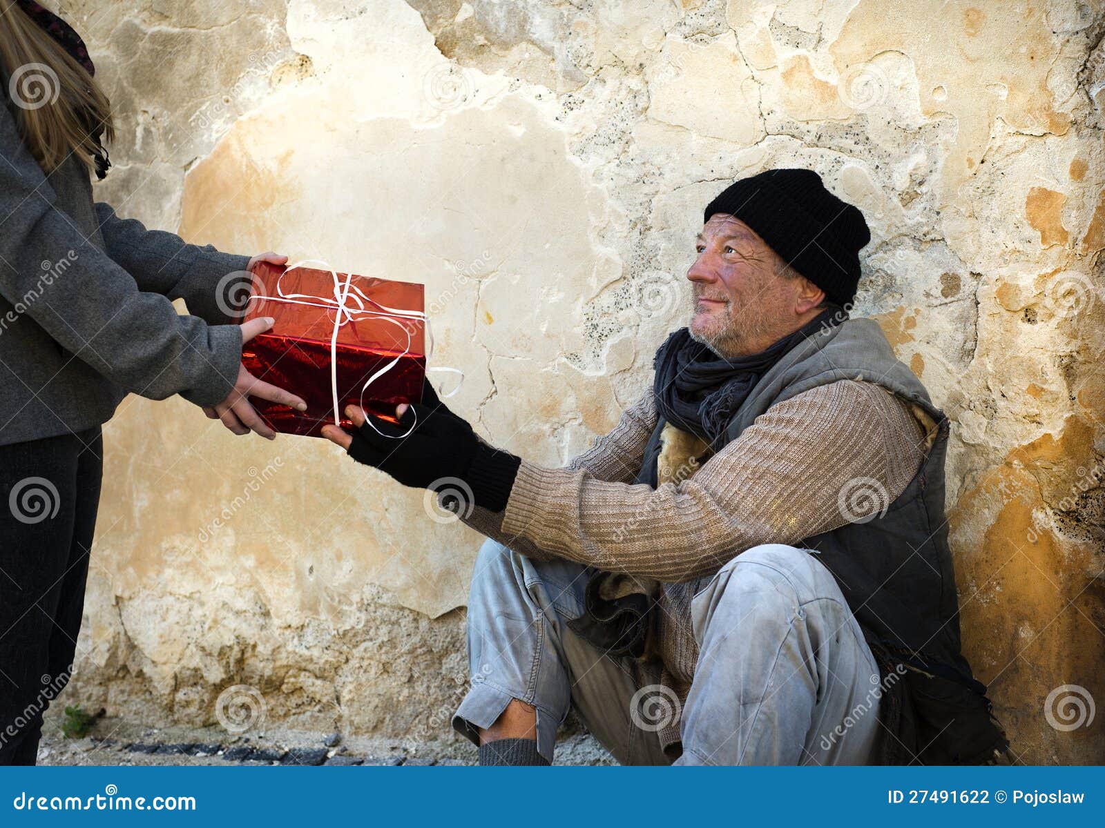 Christmas Gift for Homeless Man Stock Photo - Image of face, life: 27491622