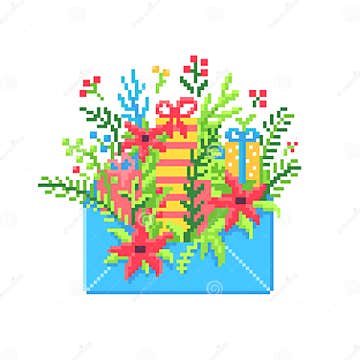 A Christmas Gift in Pixel Art Style. a Package with Presents in an ...
