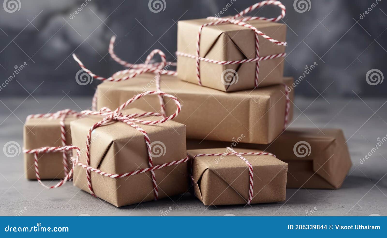 Christmas Gift or Present Boxes Wrapped in Kraft Paper with Striped ...