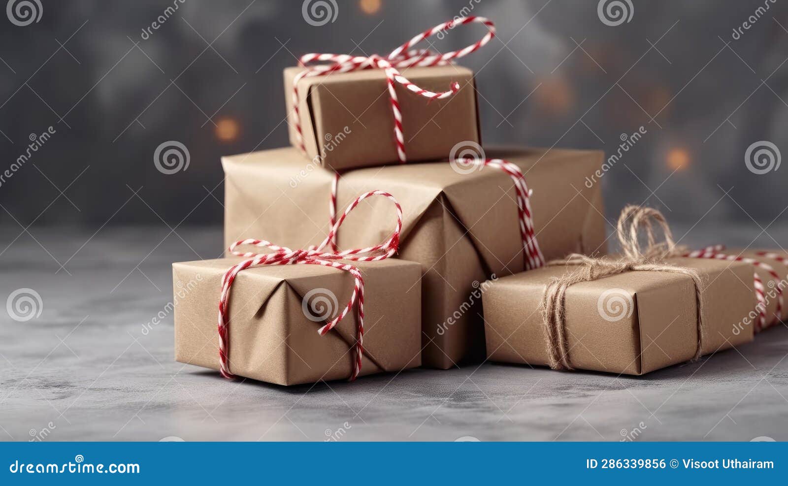 Christmas Gift or Present Boxes Wrapped in Kraft Paper with Striped ...