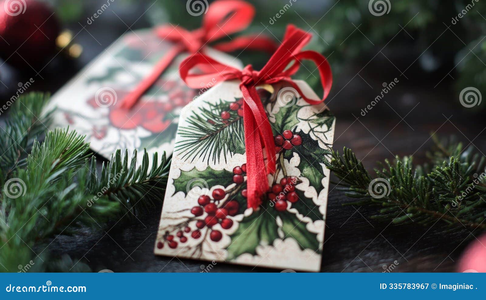 Christmas Gift Tags with Holly and Red Ribbon Stock Illustration ...