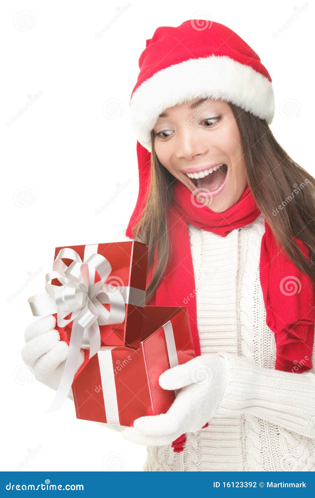Christmas Gift Woman Opening Present Surprised Stock Photo - Image of ...