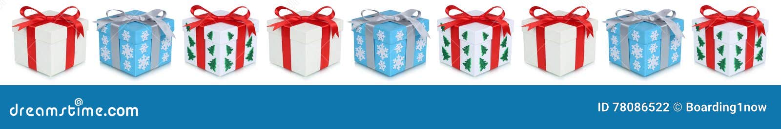 Christmas Gifts Gift Box Present in a Row Isolated Stock Photo - Image ...