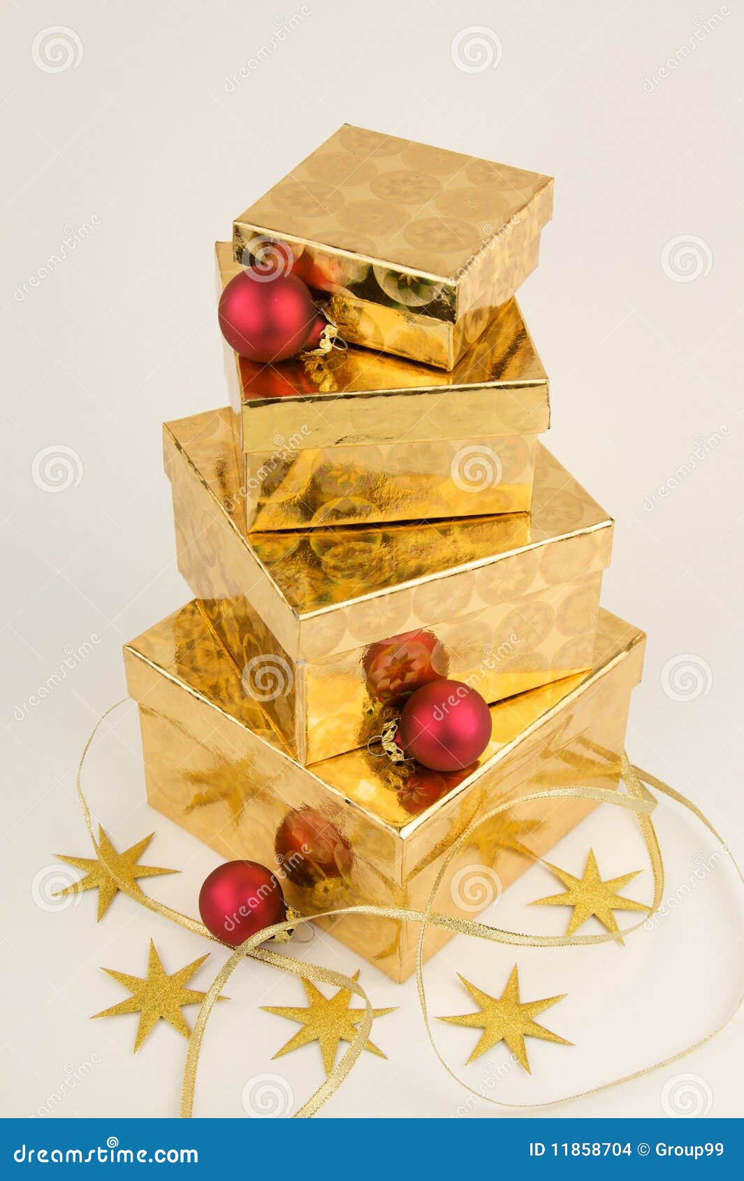 Christmas Gifts, Gold with Red Stock Photo - Image of baubles, piled ...