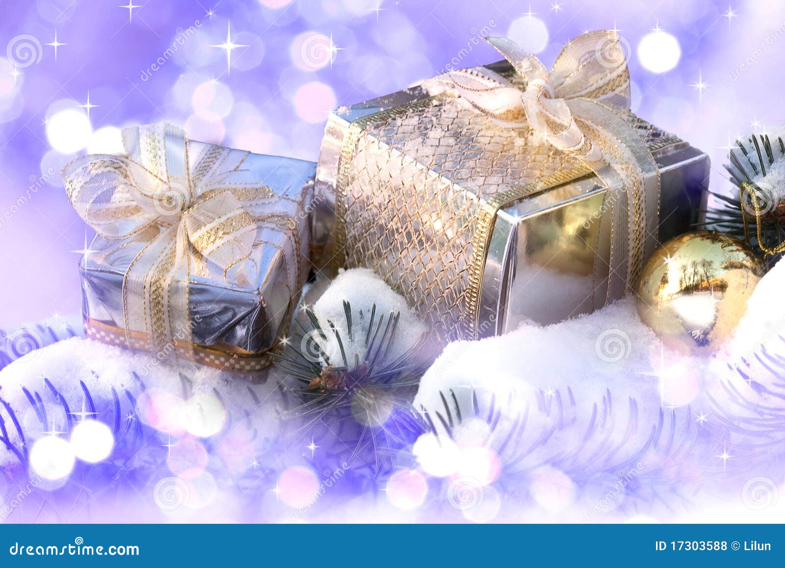 Christmas gifts on snow stock photo. Image of horizontal - 17303588