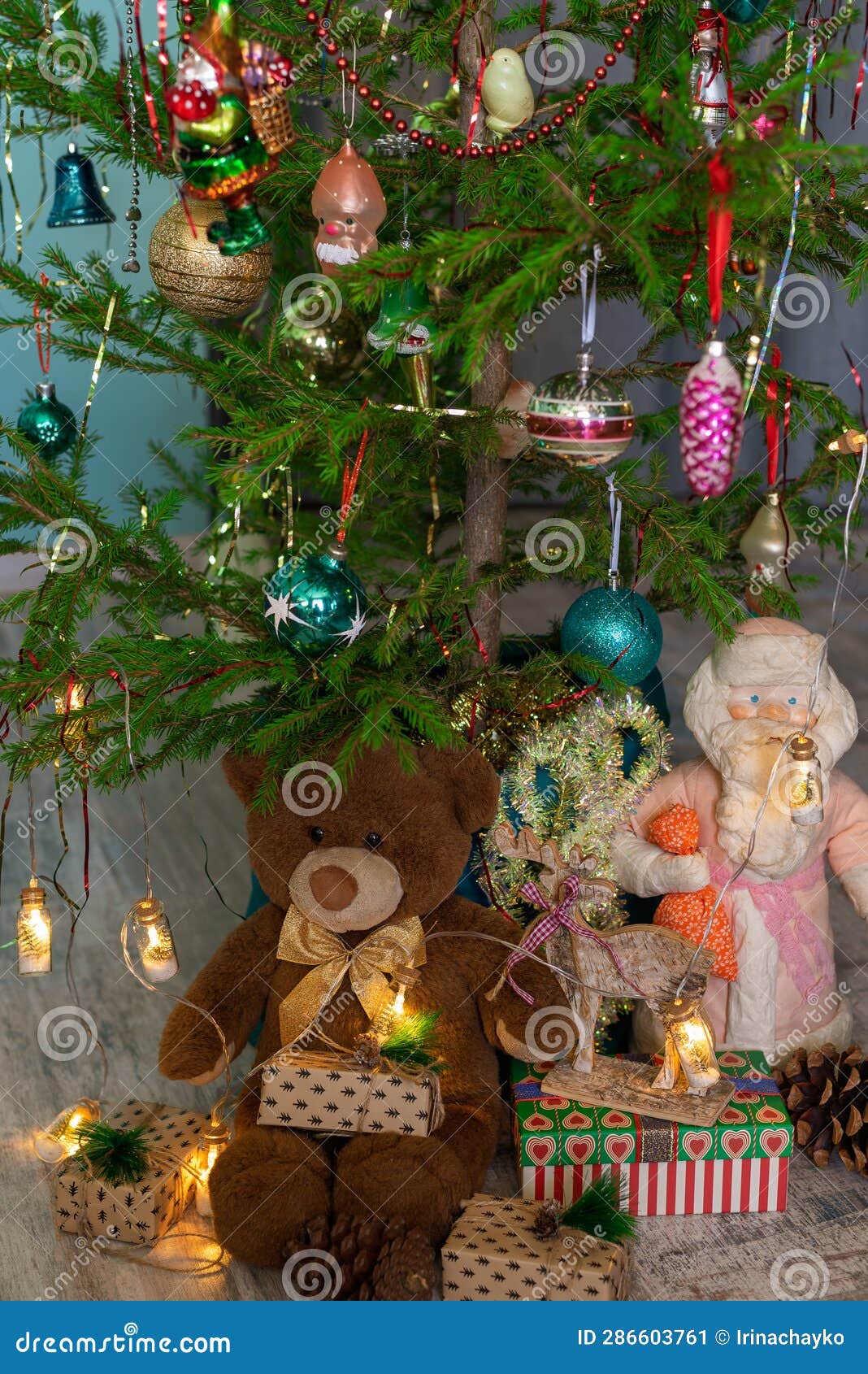 Christmas Gifts and Teddy Bear Under the Christmas Tree Stock Image ...