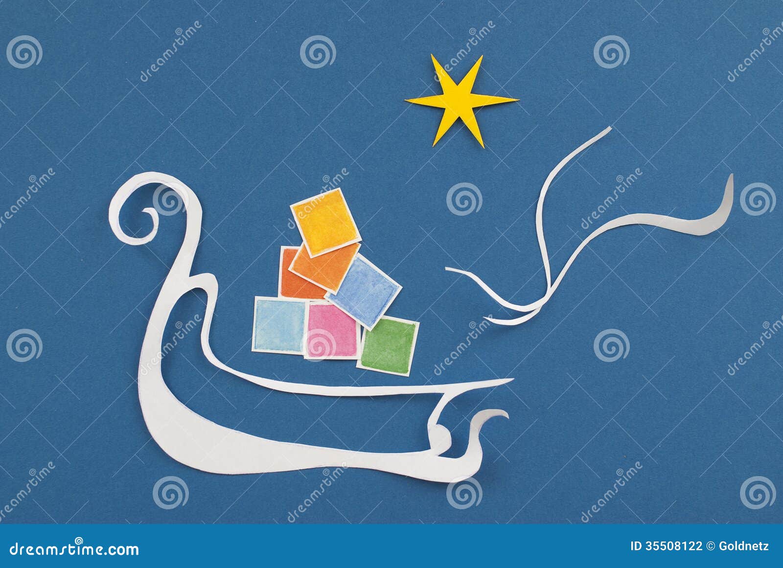 Christmas Gifts and Tree on a Sled on Blue Paper Background Stock Photo ...