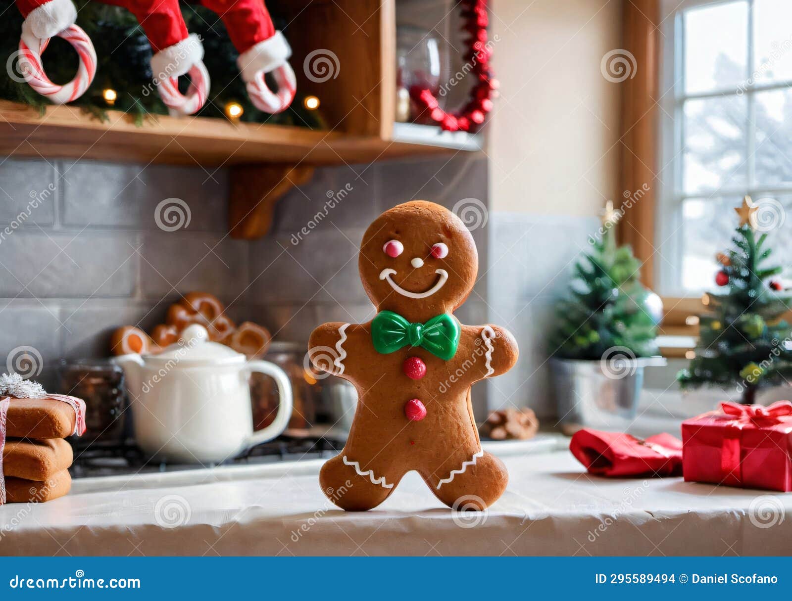 A Christmas Gingerbread Man in a Festive Kitchen, at Noon. Generative ...