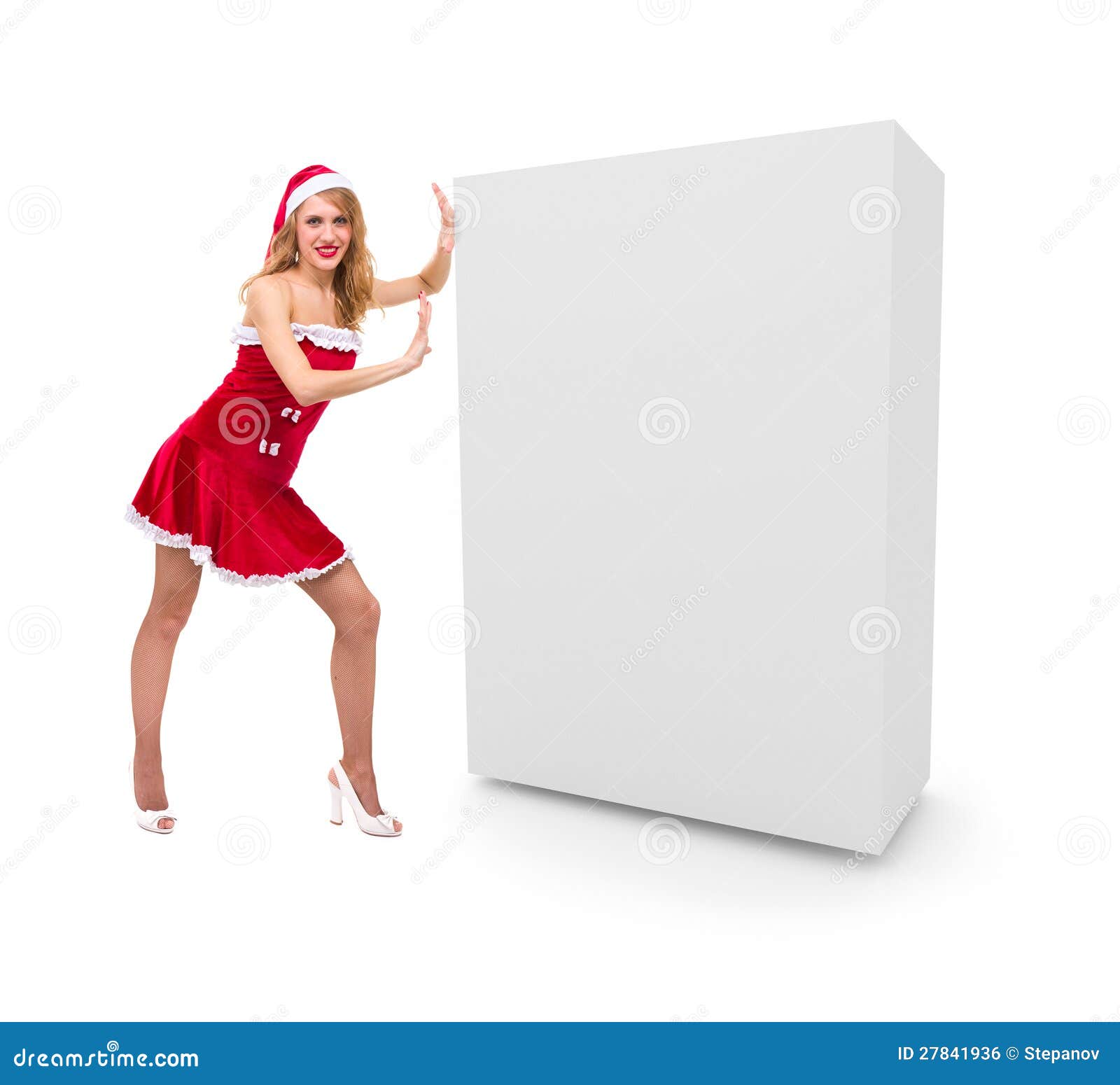 Christmas Girl Pushes a Blank Box. Stock Photo - Image of retail ...