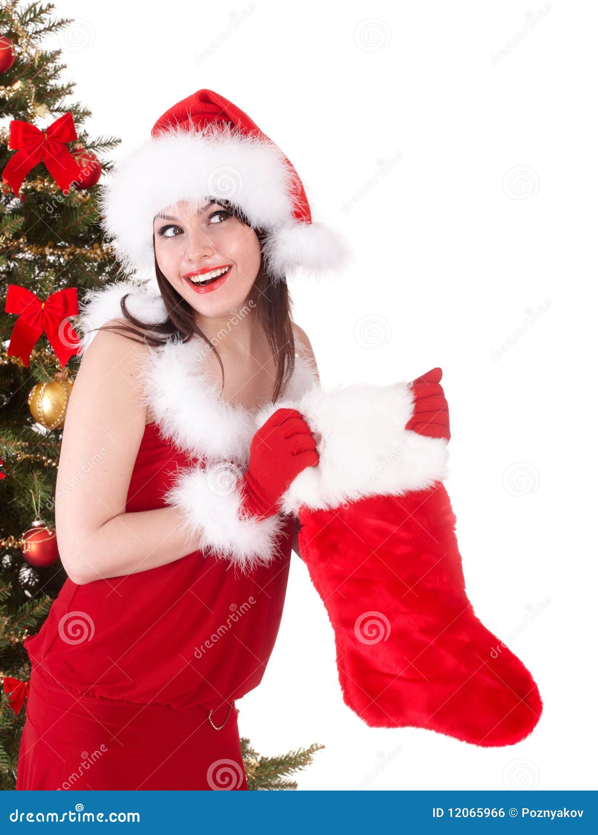 Christmas Girl in Santa Hat, Sock, Tree. Stock Photo - Image of pretty ...