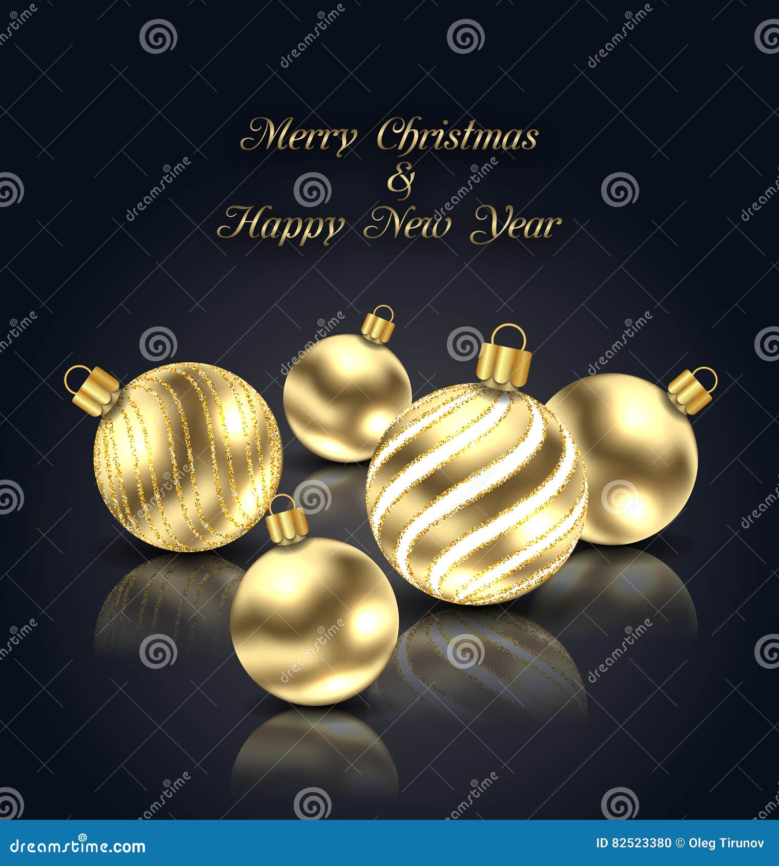 Christmas Golden Balls with Reflection on Black Background Stock Vector ...