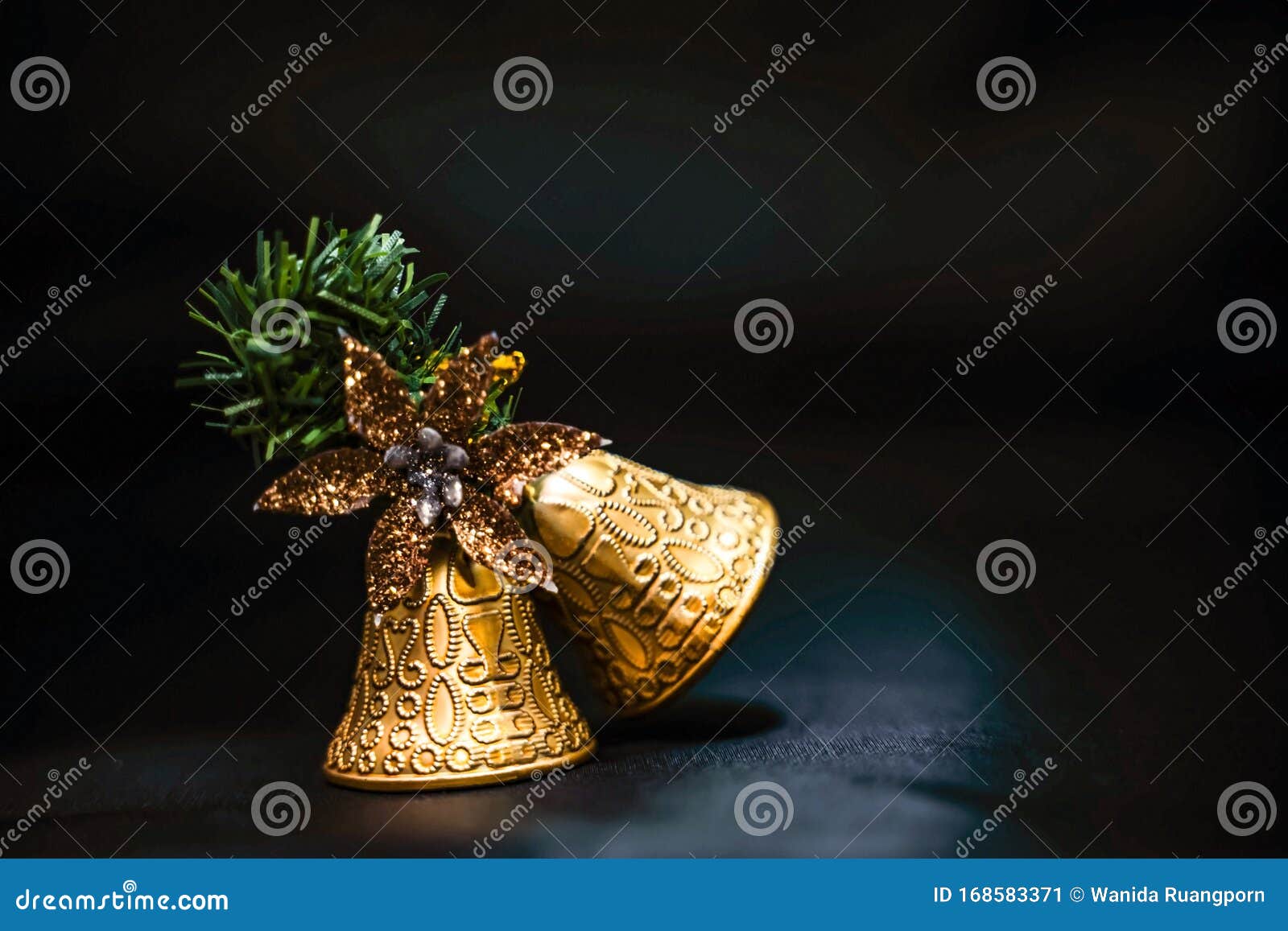 Christmas Golden Bells Isolated on Black Background Stock Image - Image ...