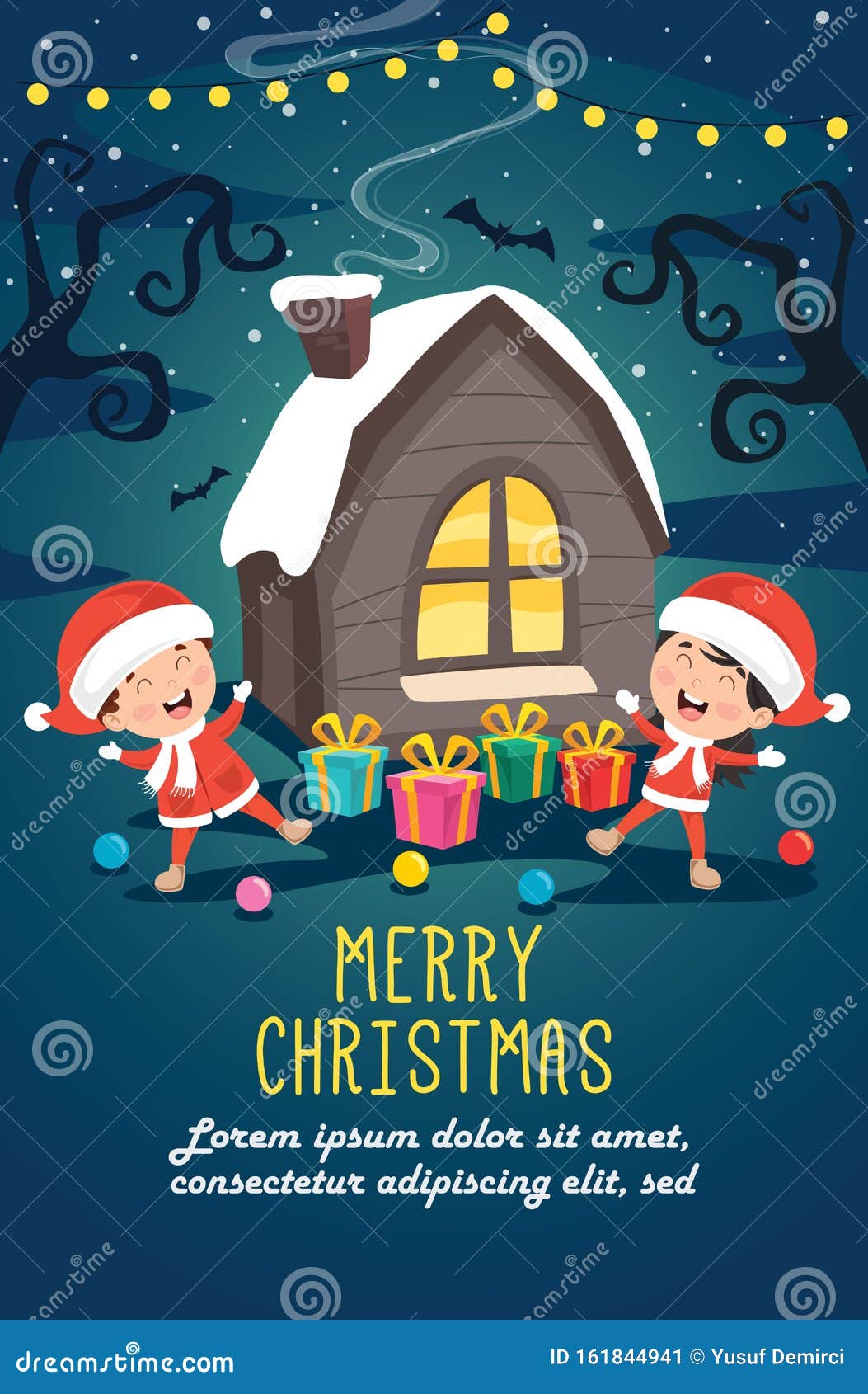 Christmas Greeting Card Design with Cartoon Characters Stock Vector ...
