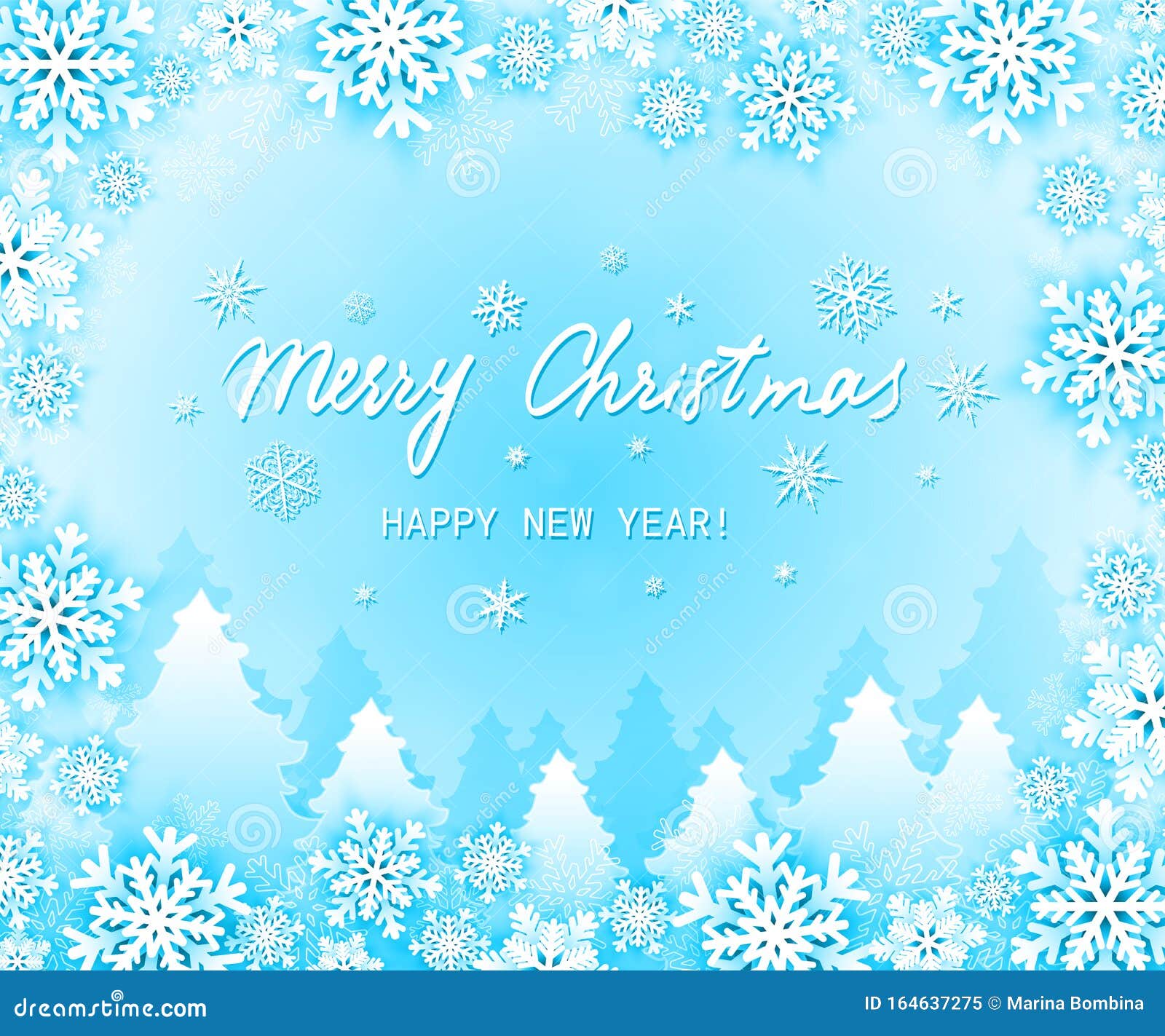 Christmas Greeting Card with Winter Forest and Snowflakes Frame. Vector ...