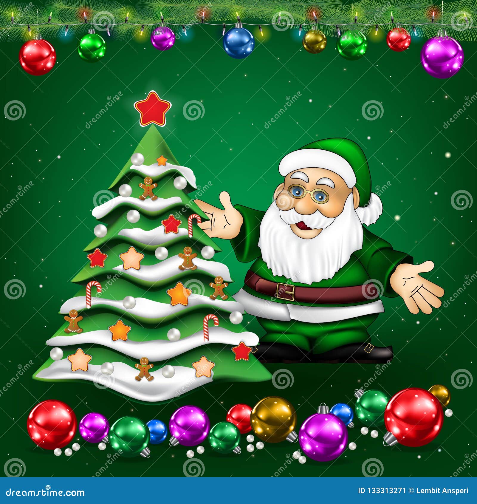 Christmas Greeting with Santa Claus and Tree Stock Vector ...