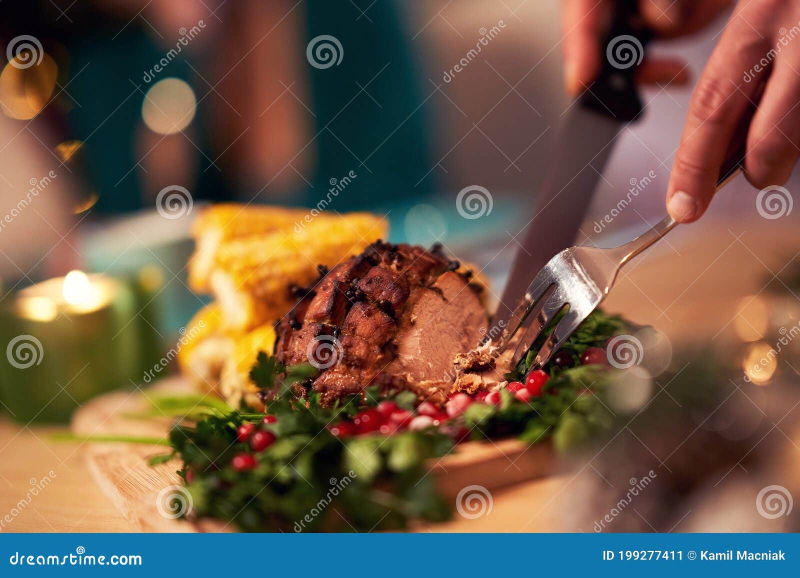 Christmas Ham Being Served on the Table Stock Image - Image of cheers ...