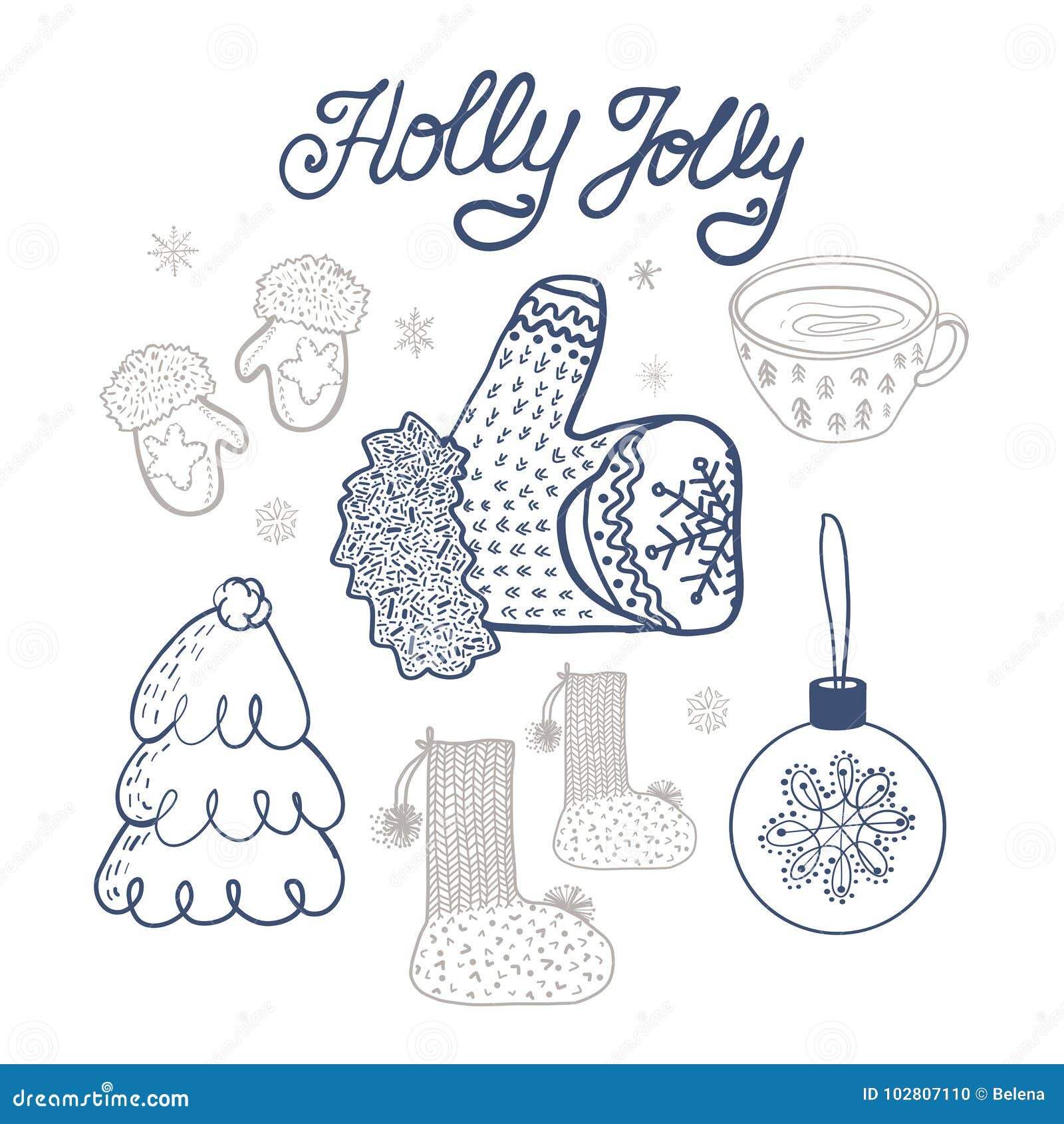 Christmas hand drawn set. stock vector. Illustration of tree - 102807110