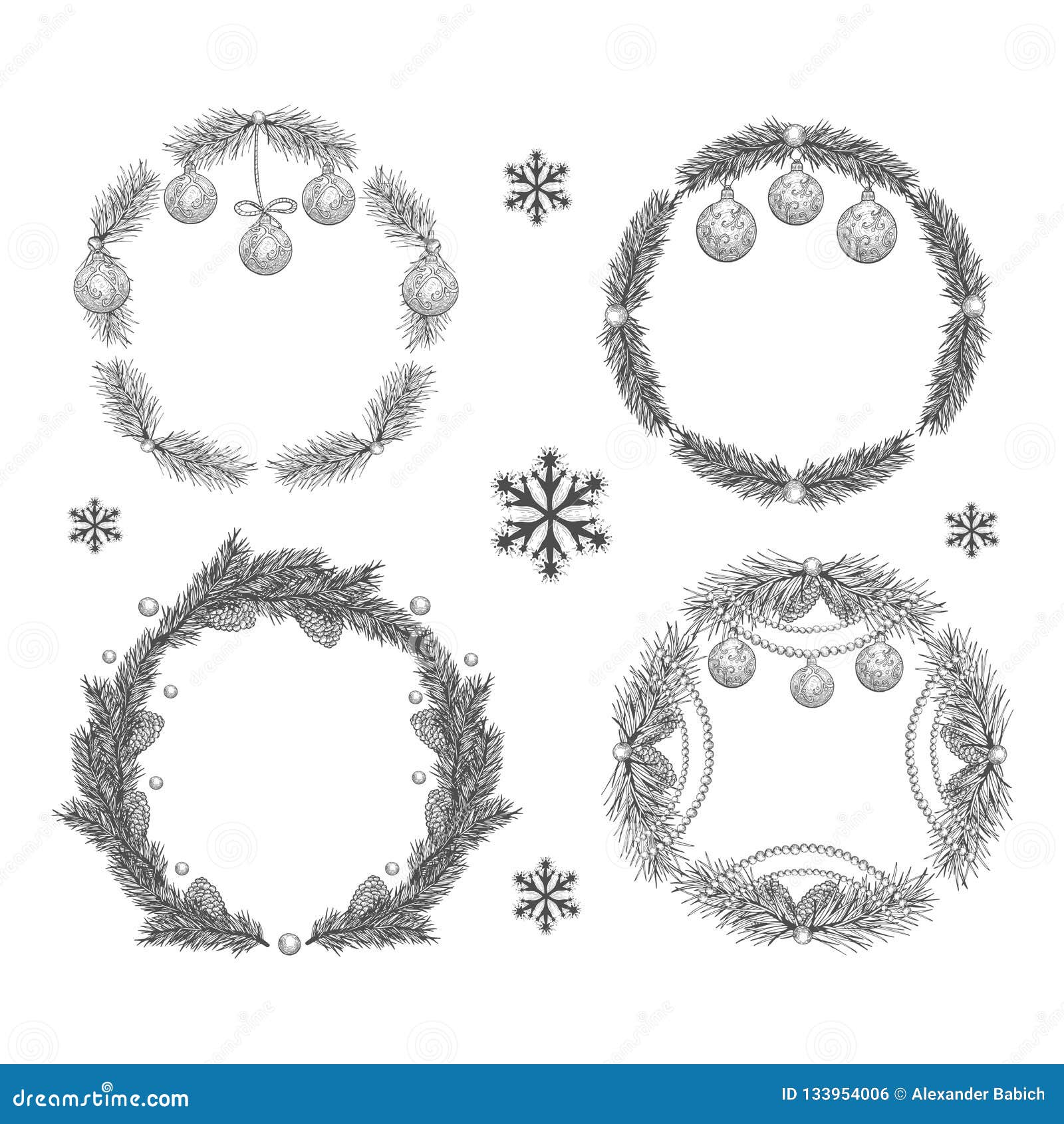 Christmas Hand Drawn Wreath Set Stock Vector - Illustration of gift ...