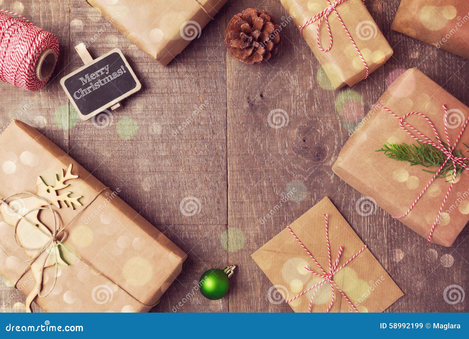 Christmas Handmade Wrapping Gift Boxes Background. View from Above ...
