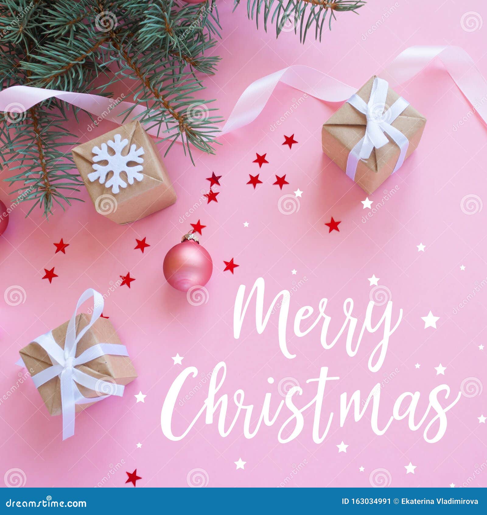 Christmas Holidays Composition on Pink with Lettering Merry Christmas ...