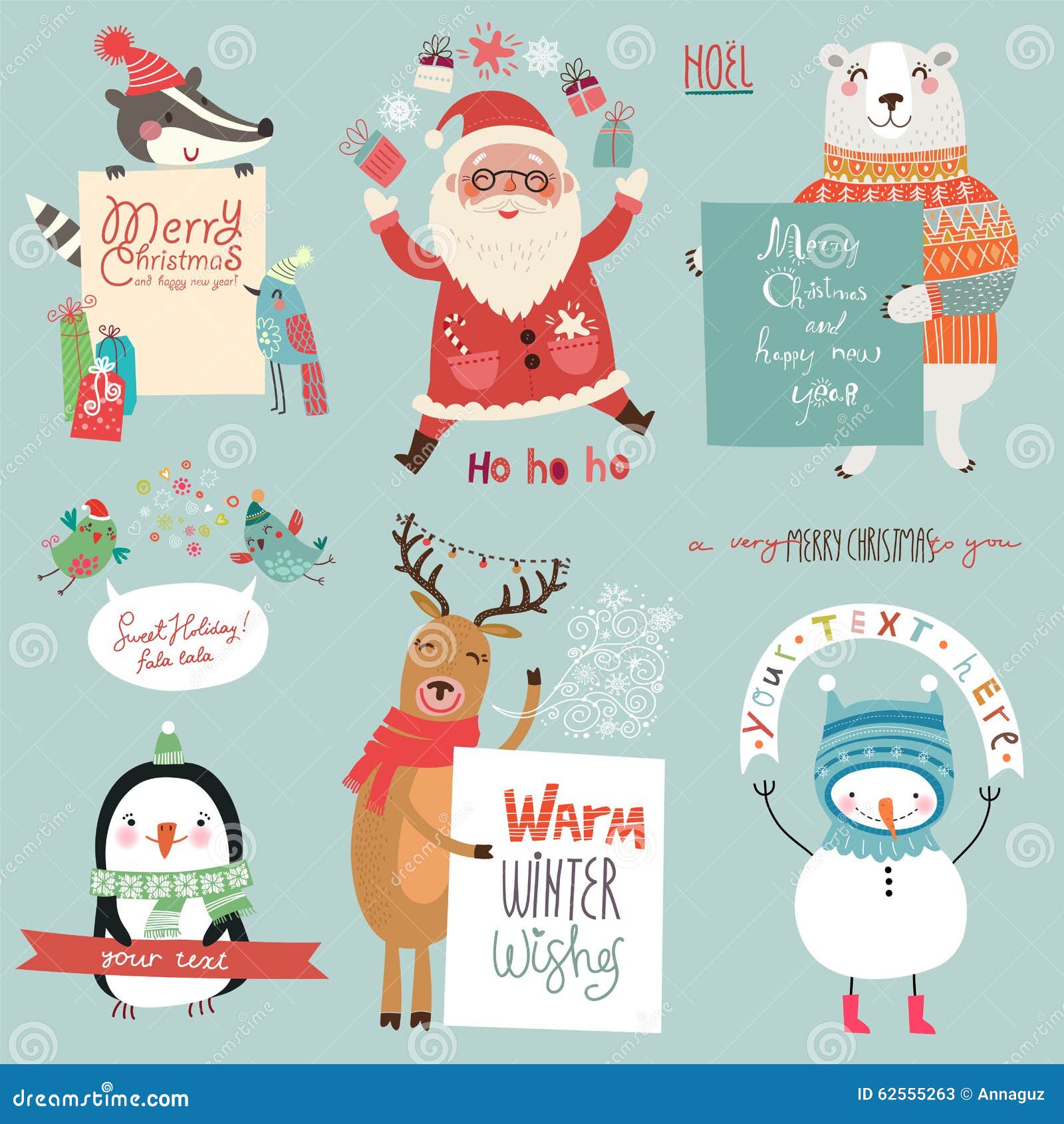 Christmas Holidsys Set with Cute Characters Stock Vector - Illustration ...