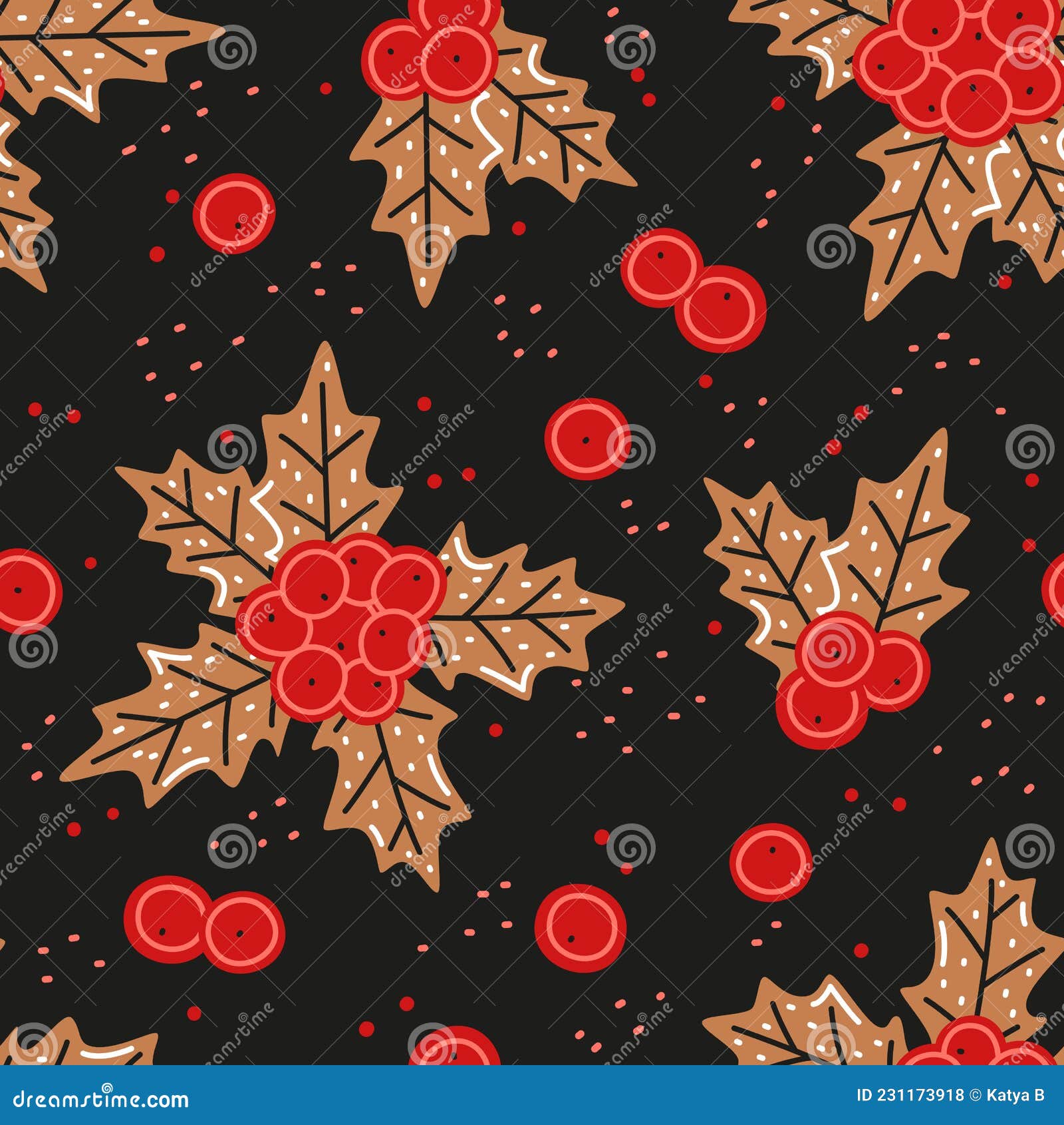 Christmas Holly on a Black Background. Vector Seamless Pattern Stock ...
