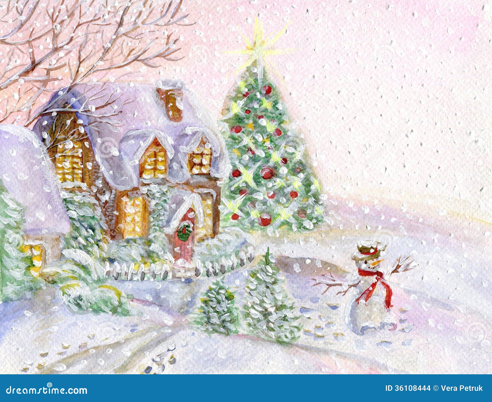Christmas House with Snowman Stock Illustration - Illustration of merry ...