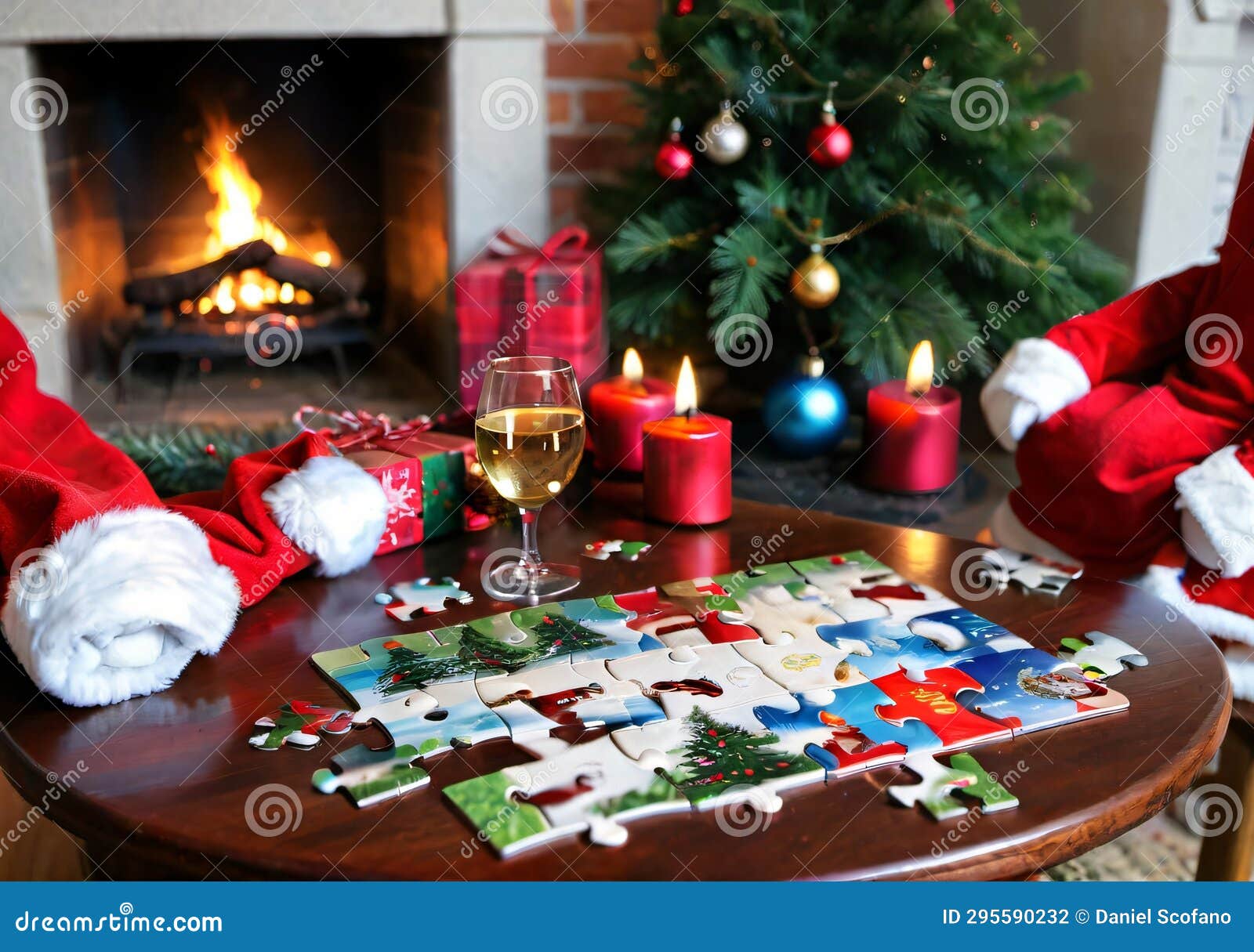 Christmas Jigsaw Puzzle Pieces on a Table, with a Fireside Setting. Generative AI Stock ...