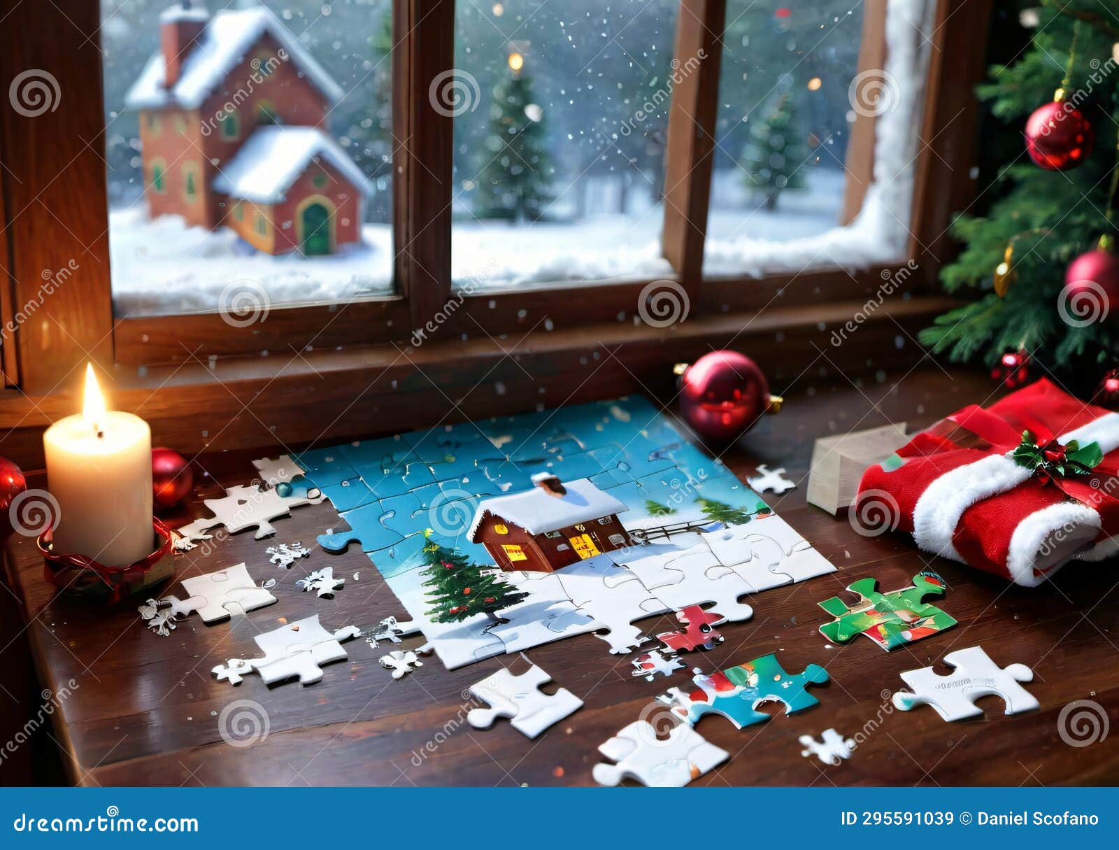 A Christmas Jigsaw Puzzle in Progress, on a Table with a Window Showing ...