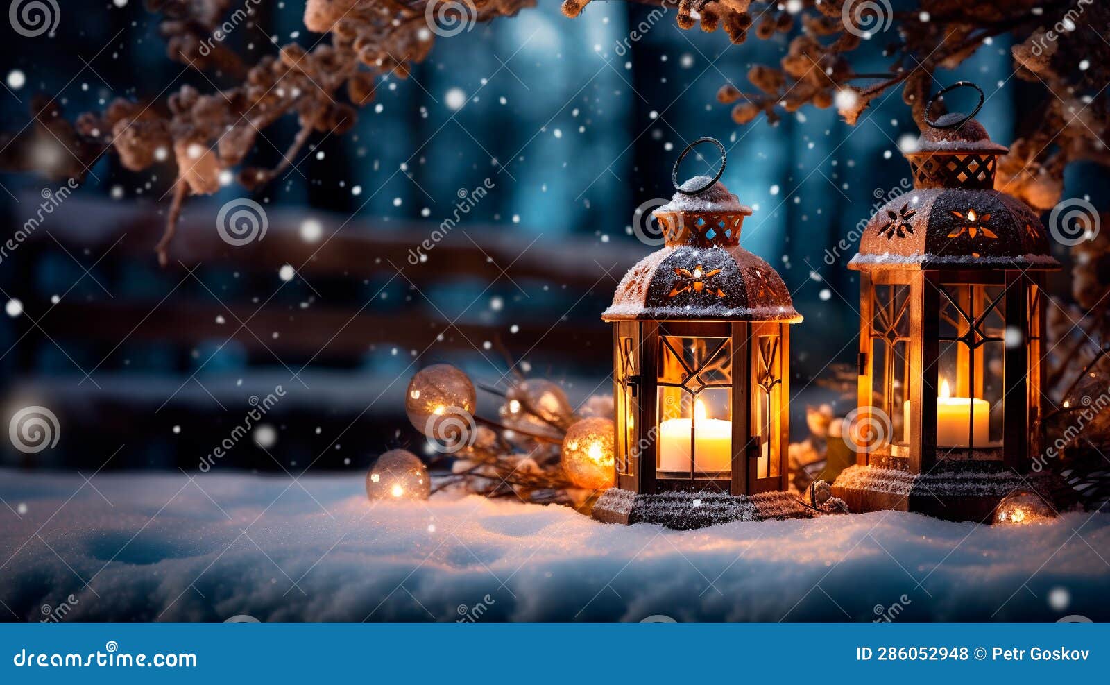 Christmas Lantern in snow stock photo. Image of december - 286052948