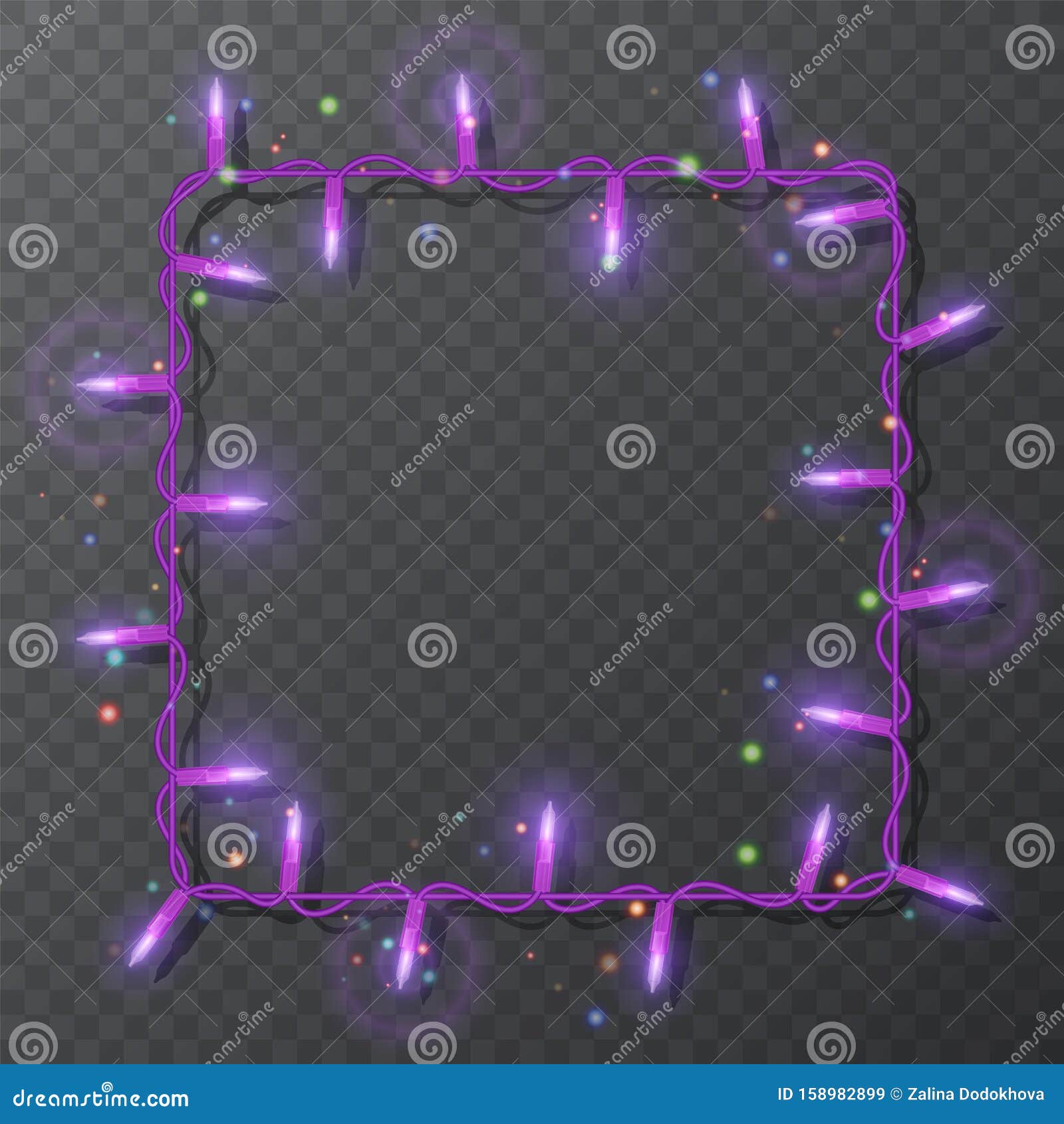 Christmas Lights Border Vector, Light String Frame Isolated on Dark ...