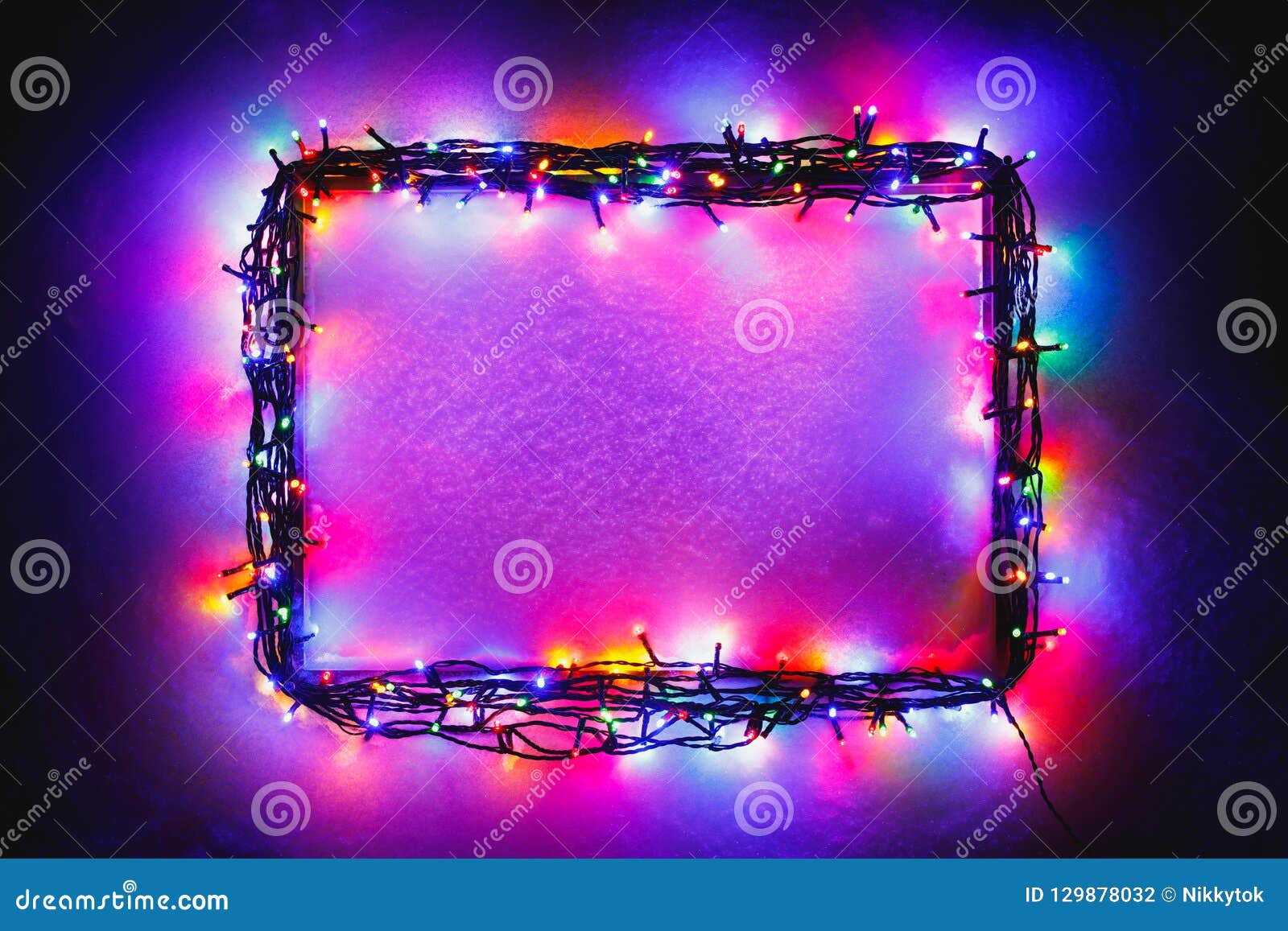 Christmas Lights Frame on Snow Background Stock Photo - Image of ...