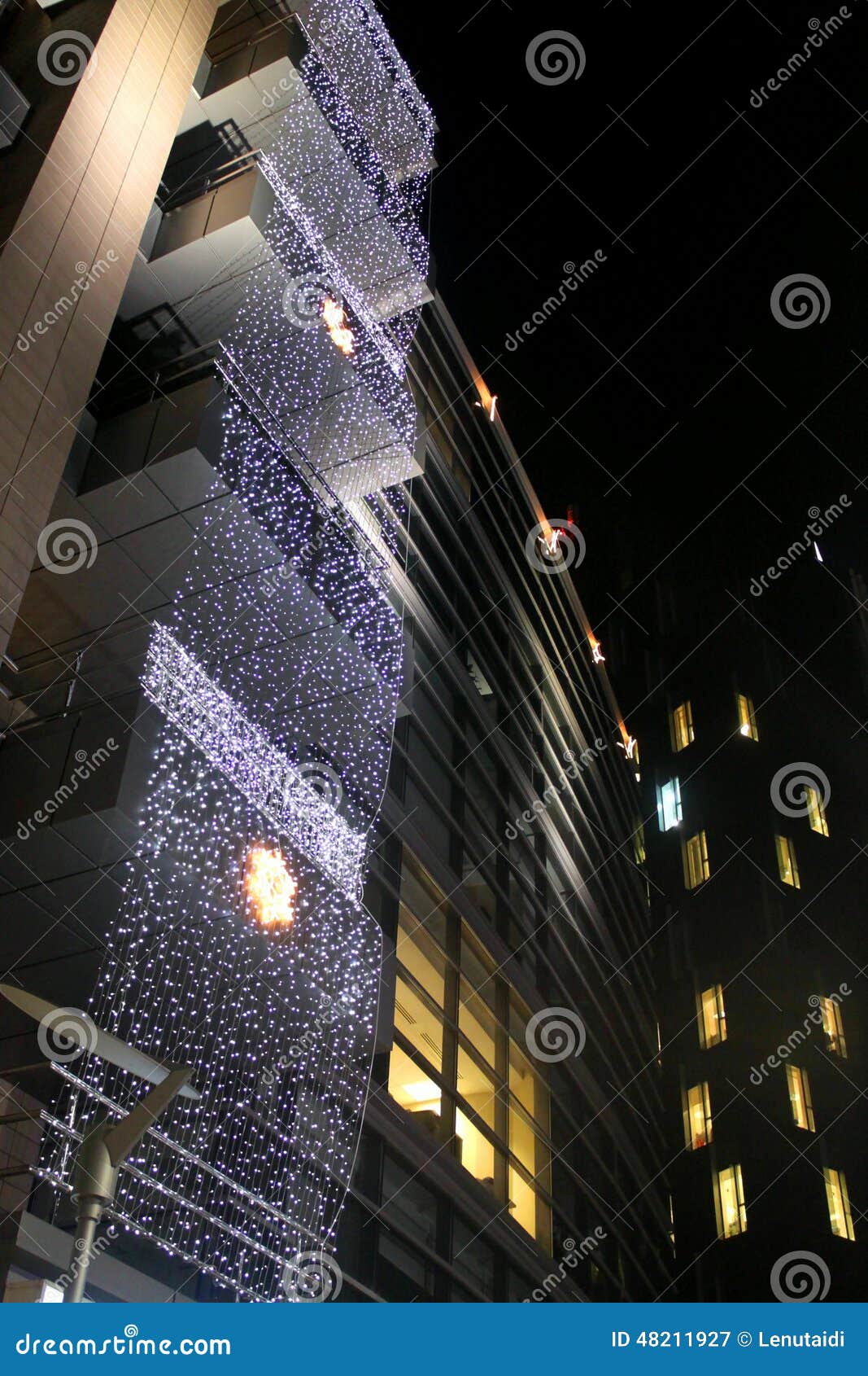 Christmas Lights on Modern Office Buliding Stock Image - Image of light ...