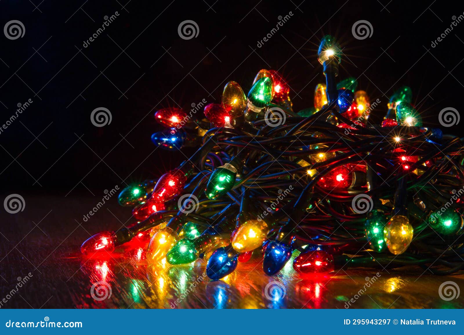 Christmas Lights with a Reflection and Space for Writing on a Black ...
