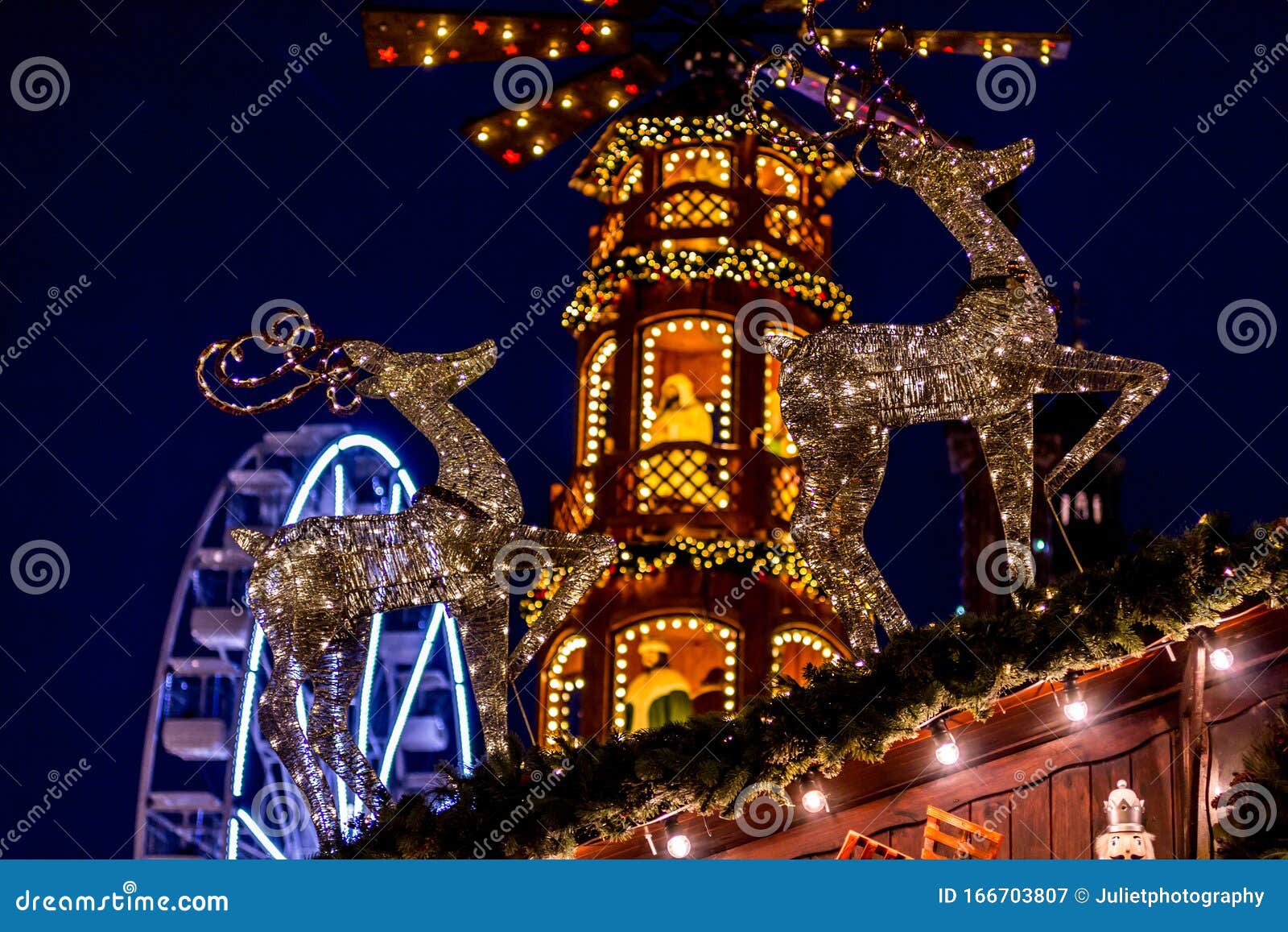 Christmas Magic Reindeers and Flickering Lights at Christmas Fair Stock ...