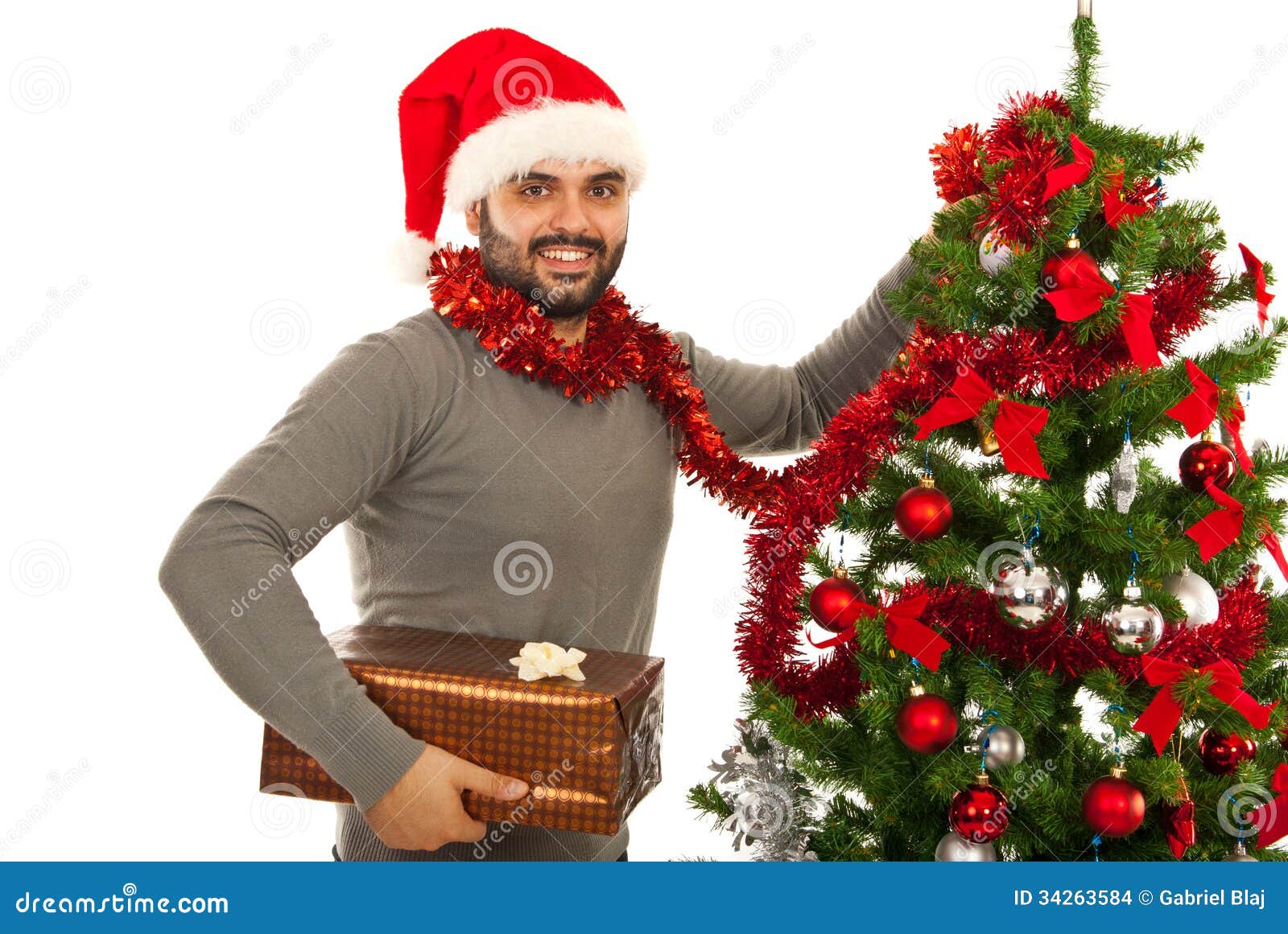 Christmas Man with Tree and Gift Stock Photo - Image of event, hold ...
