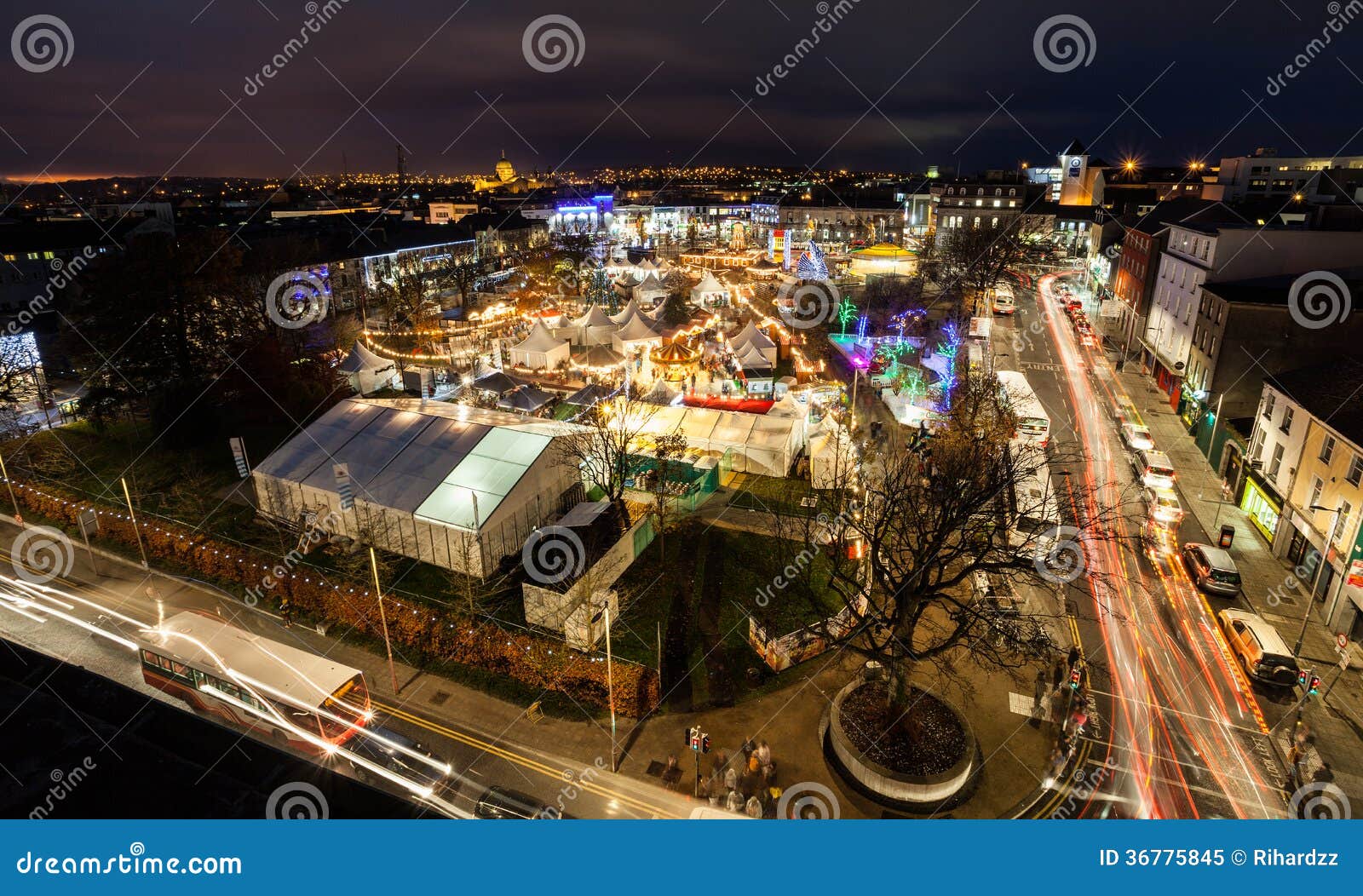Christmas Market at Night, Panoramic View Stock Image - Image of market ...