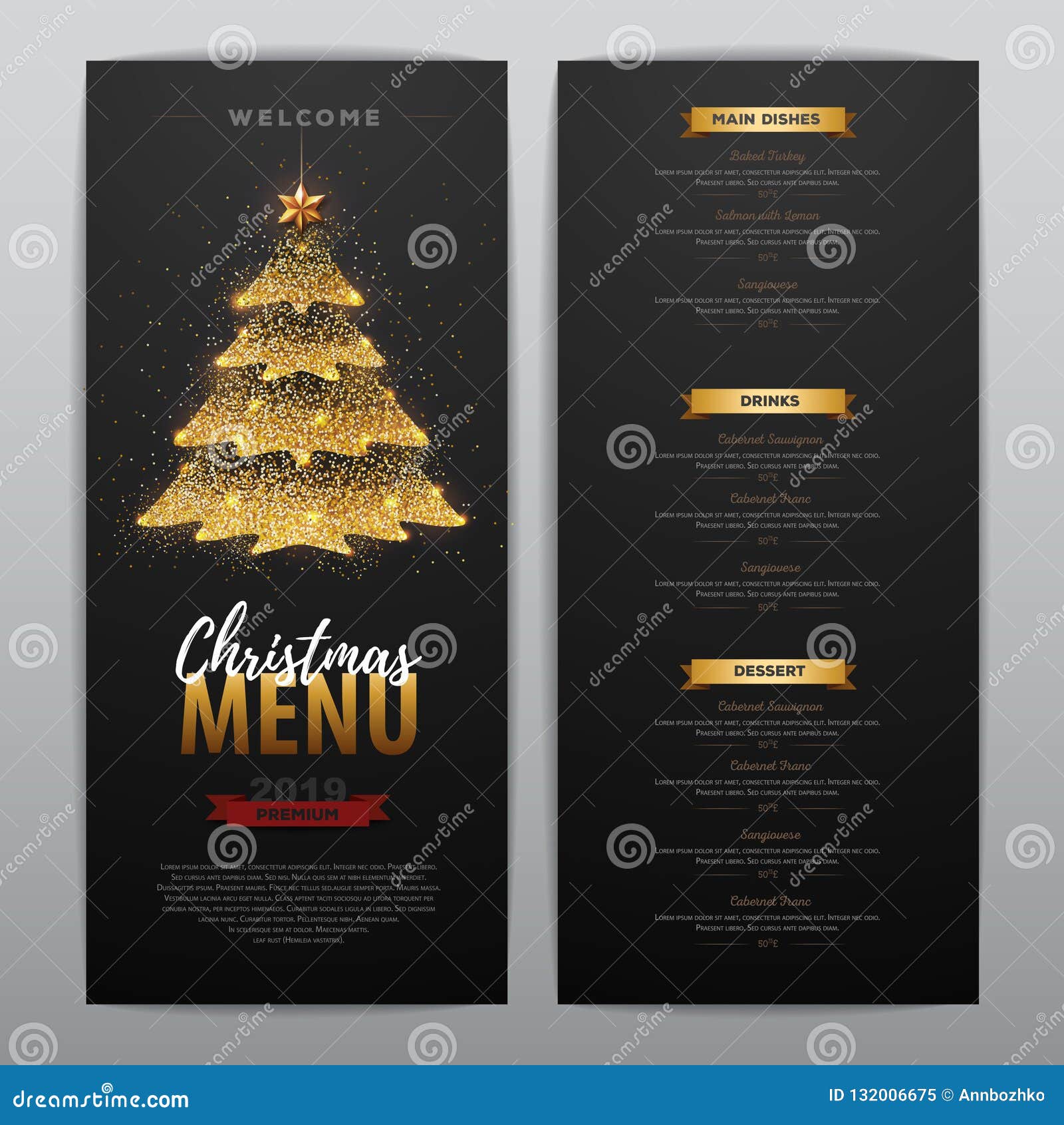 Christmas Menu Design with Golden Christmas Tree. Stock Vector ...